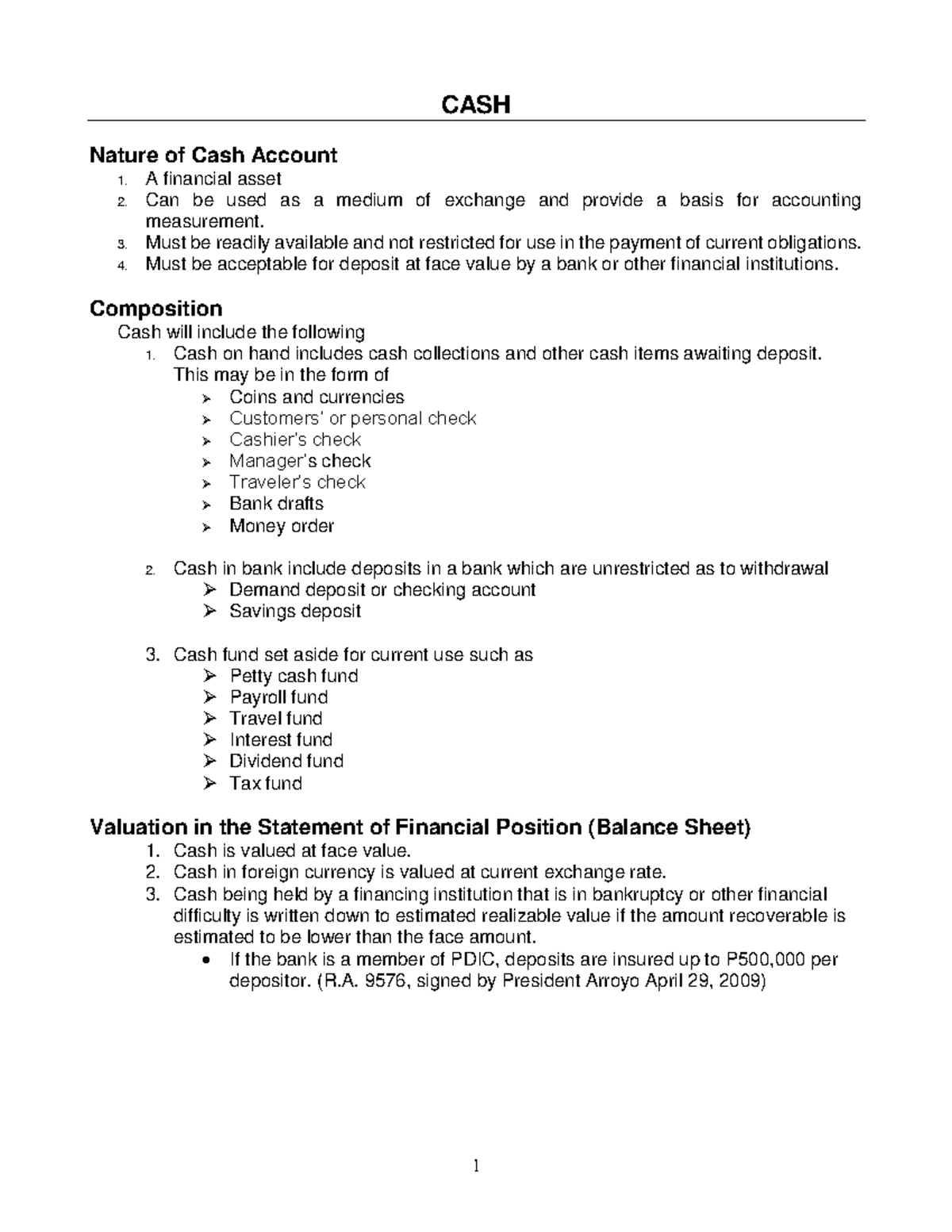 CASH - notes about cash - CASH Nature of Cash Account A financial asset ...