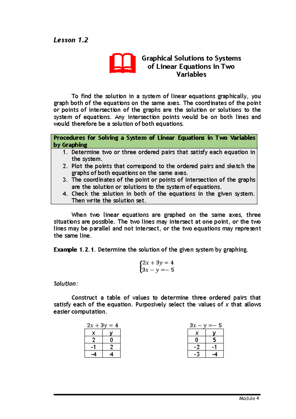 Lesson 1.2 Graphical Solution to Systems of Eqns in Two Variables ...