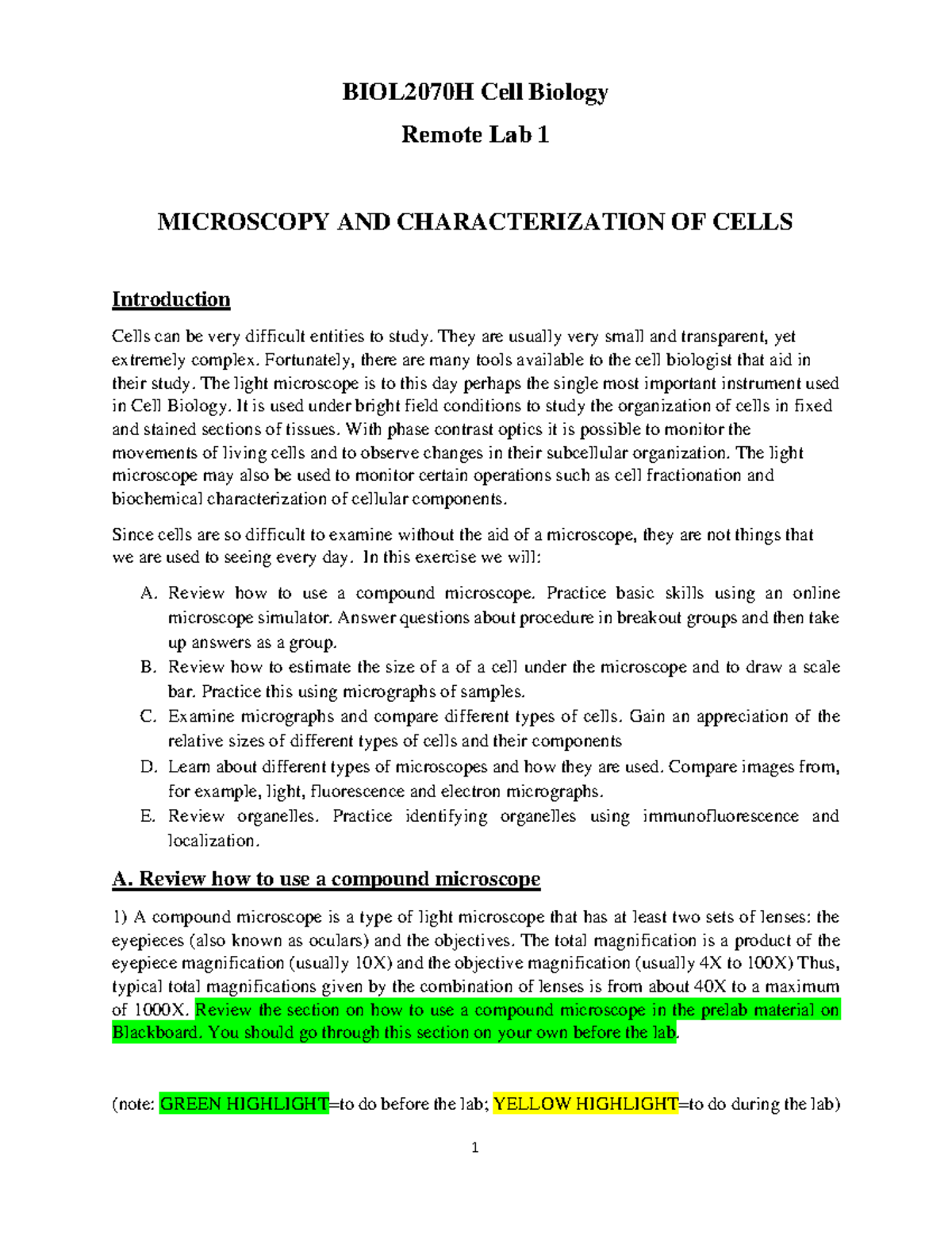 Lab 1 Microscopy 2022 remote 1 - BIOL2070H Cell Biology Remote Lab 1 ...