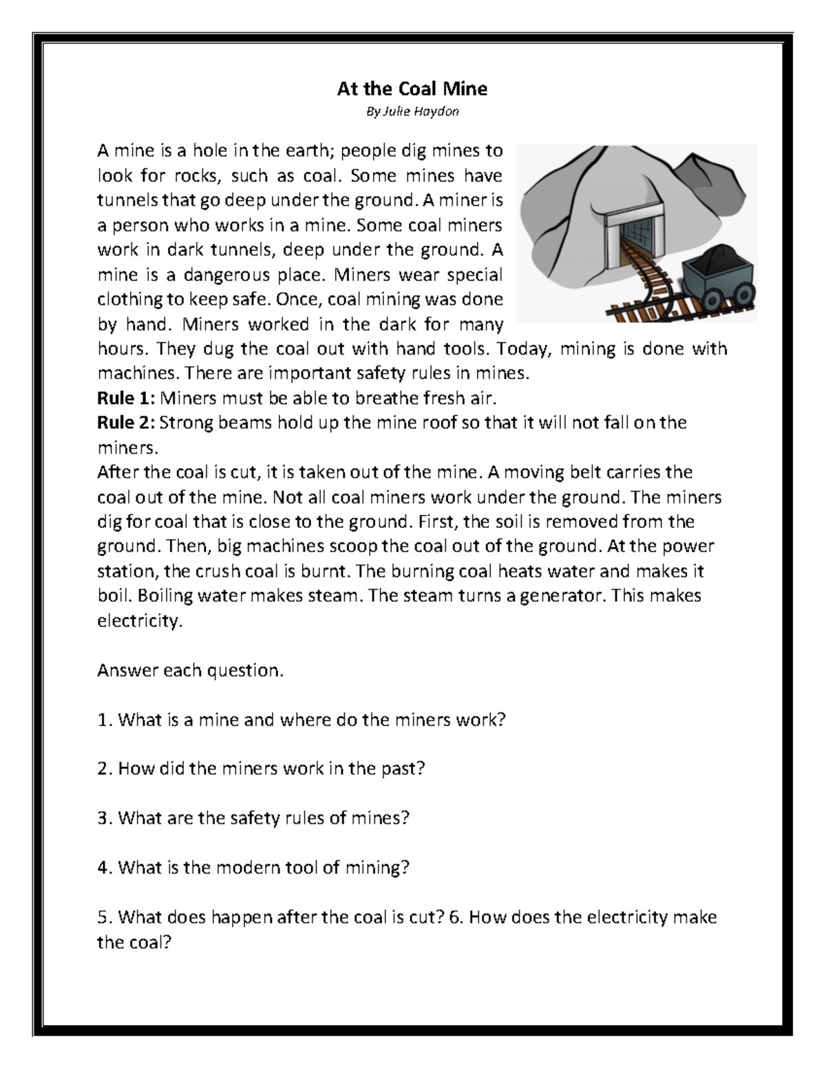 Grade 6 Reading Comprehension (New Set) - At the Coal Mine By Julie ...