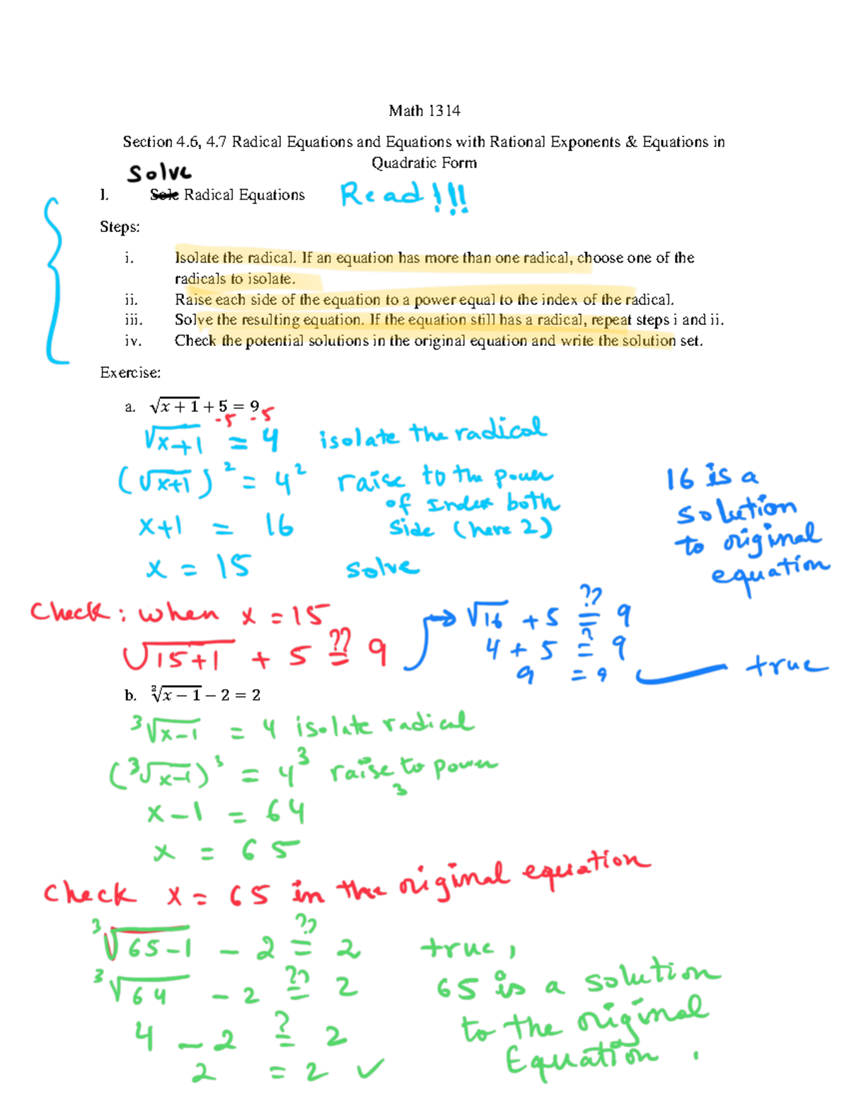 Section 4.6, 4 - Math 1314 Section 4, 4 Radical Equations and Equations ...