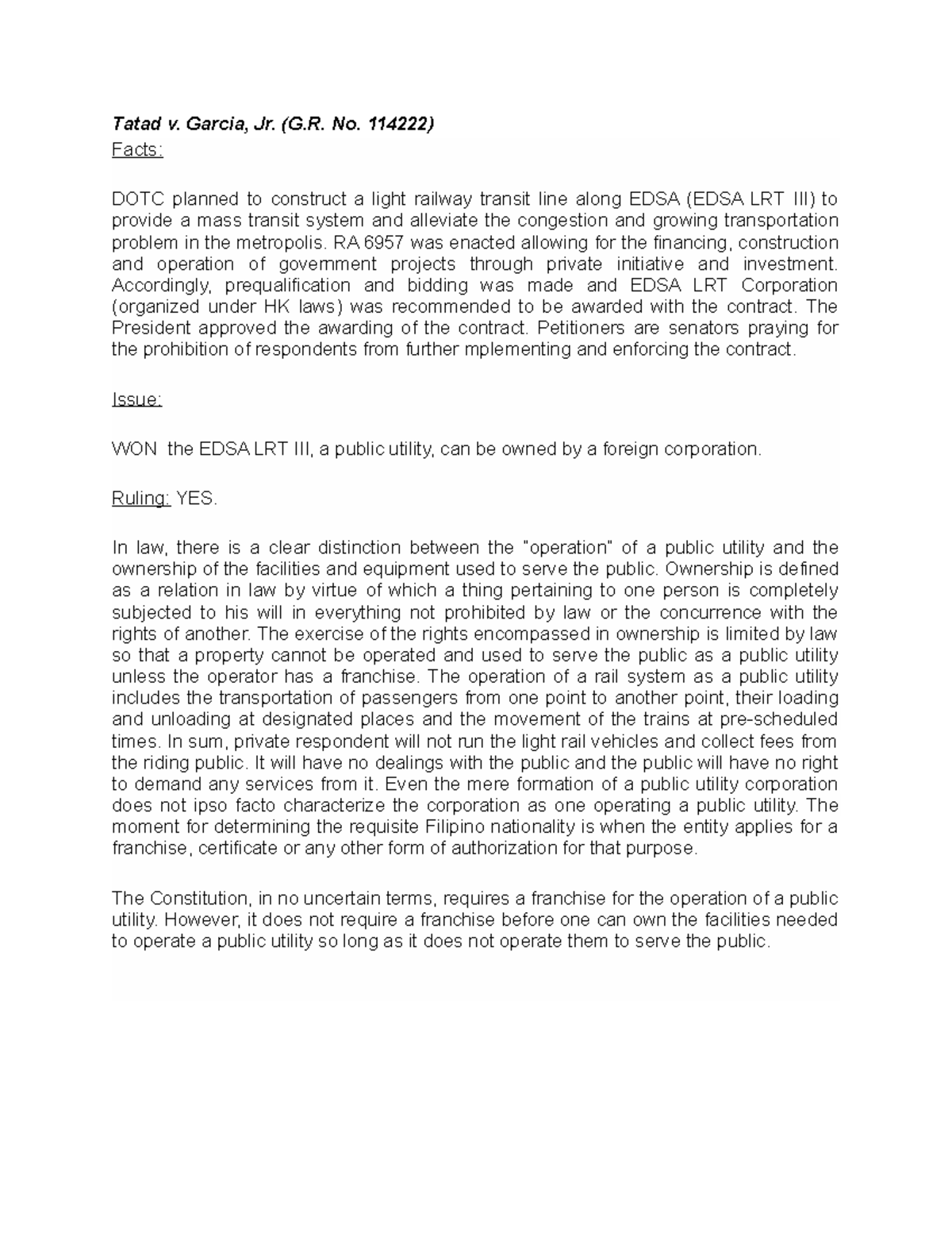 Tatad vs garcia 114222 - OK CASE DIGEST FOR TRANSPO - Tatad v. Garcia ...