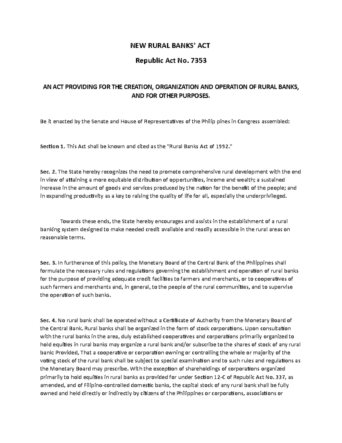 NEW Rural Banks Republic Act No. 7353 - NEW RURAL BANKS' ACT Republic ...