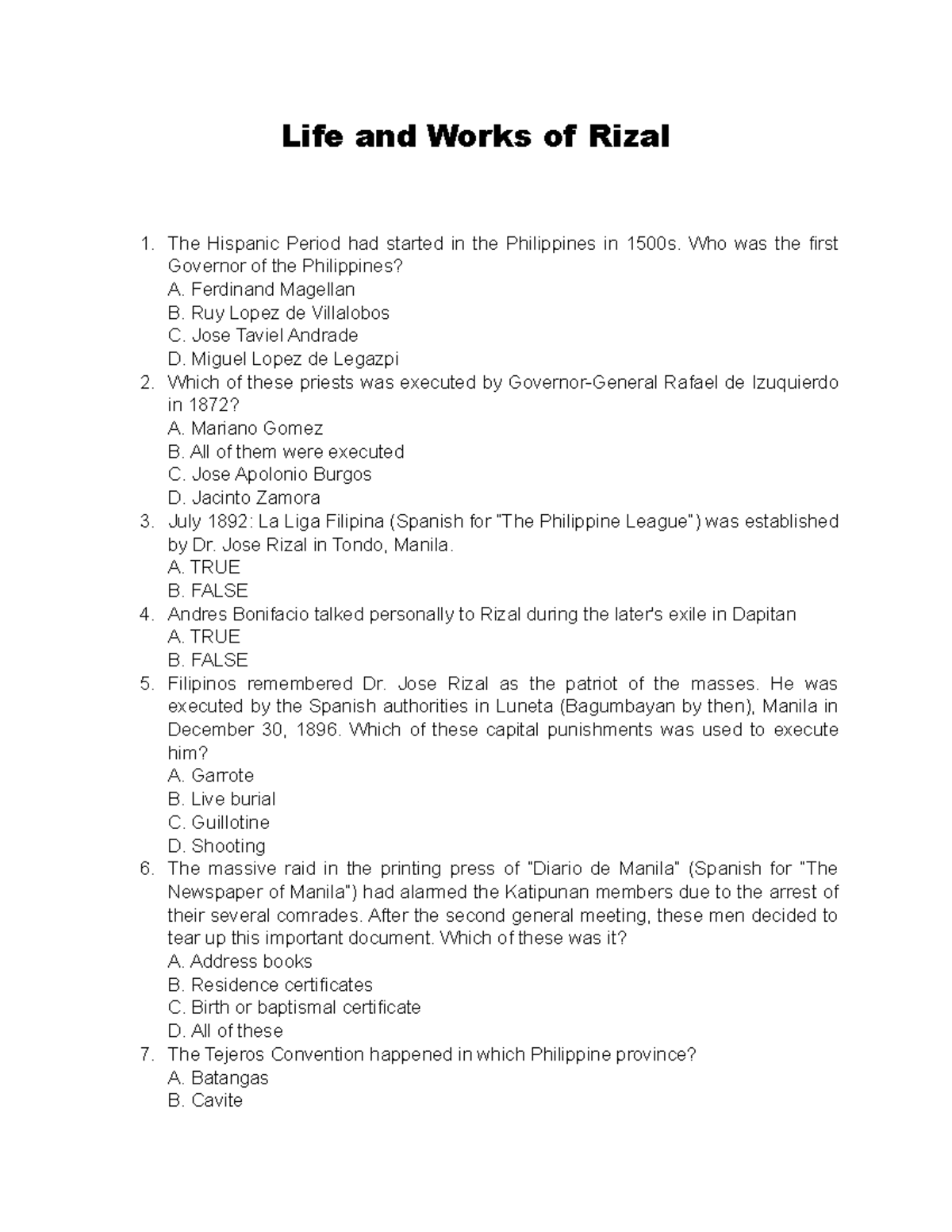 Life and Works of Rizal-Practice Material - Life and Works of Rizal The ...