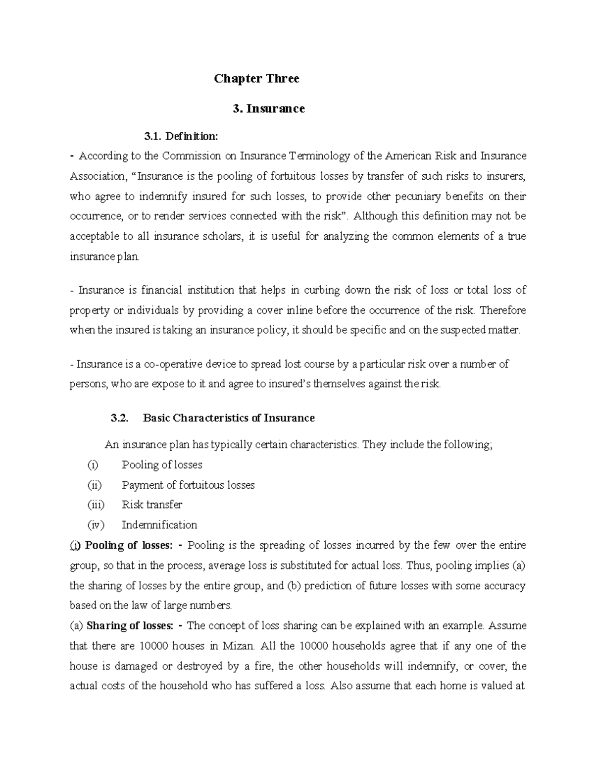 Risk Chapter three - take - Chapter Three 3. Insurance Definition ...