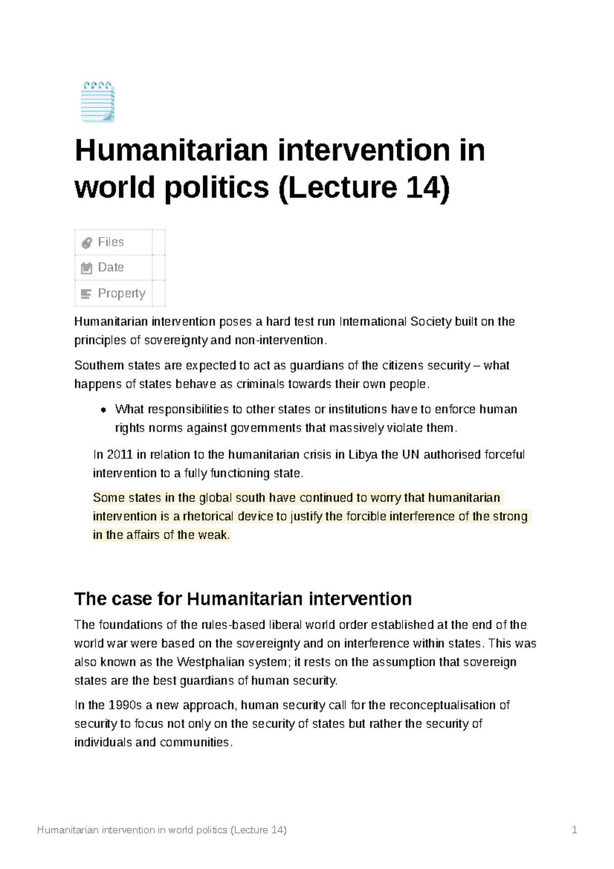 Humanitarian intervention in world politics (Lecture 14) - 🗒 ...
