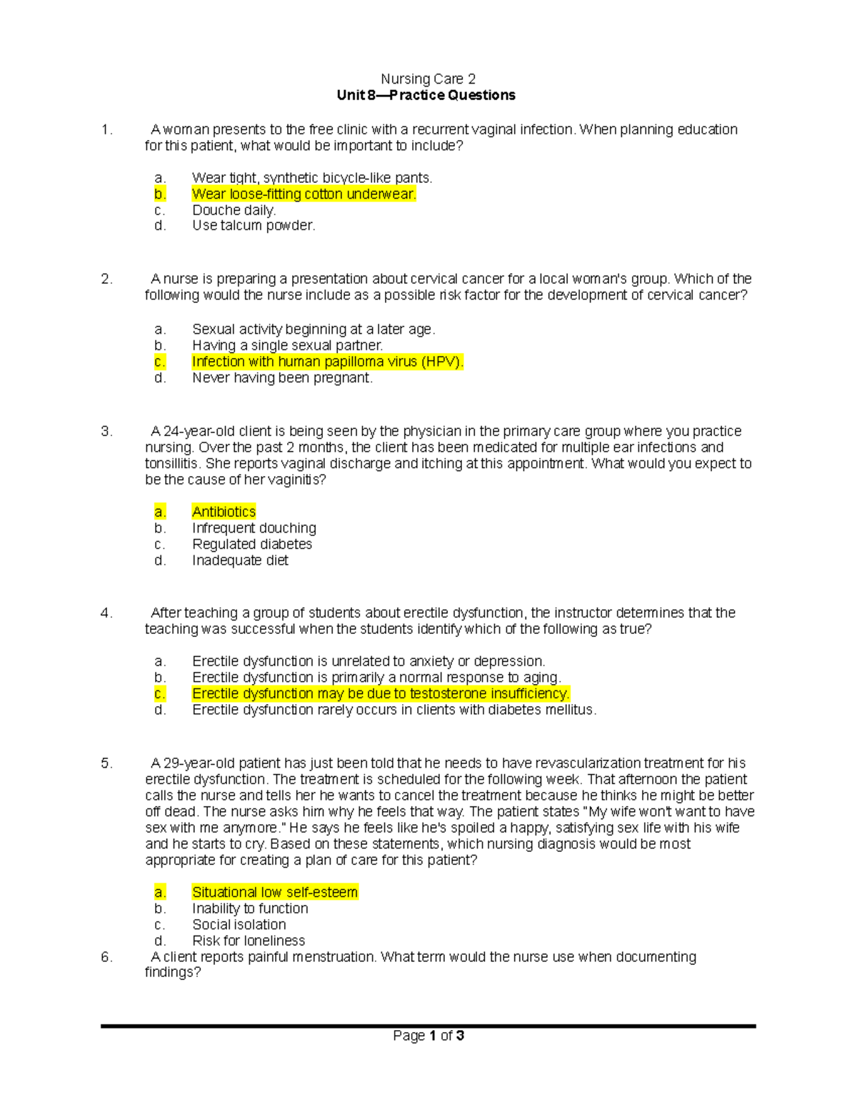 Unit 8-Practice Questions - Nursing Care 2 Unit 8—Practice Questions A ...