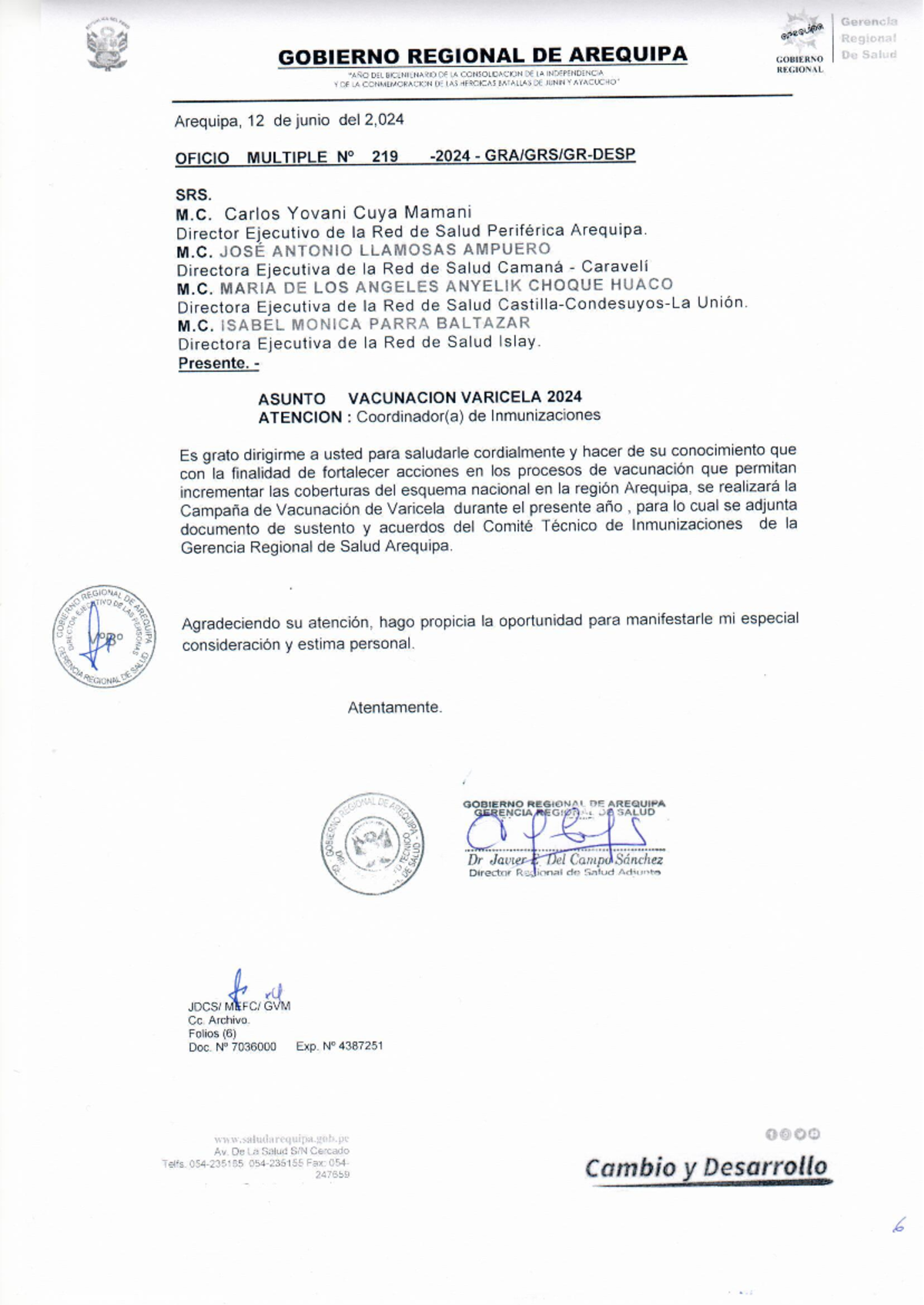Oficio Varicela 2024 Redess DE Salud - Gerencia arequipa Regional ...