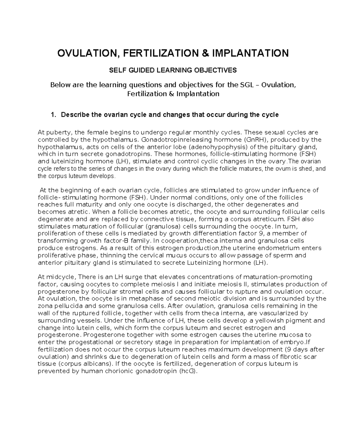 GSL 3 Ovulation, Fertilization & Implantation - OVULATION, FERTILIZATION & IMPLANTATION SELF ...