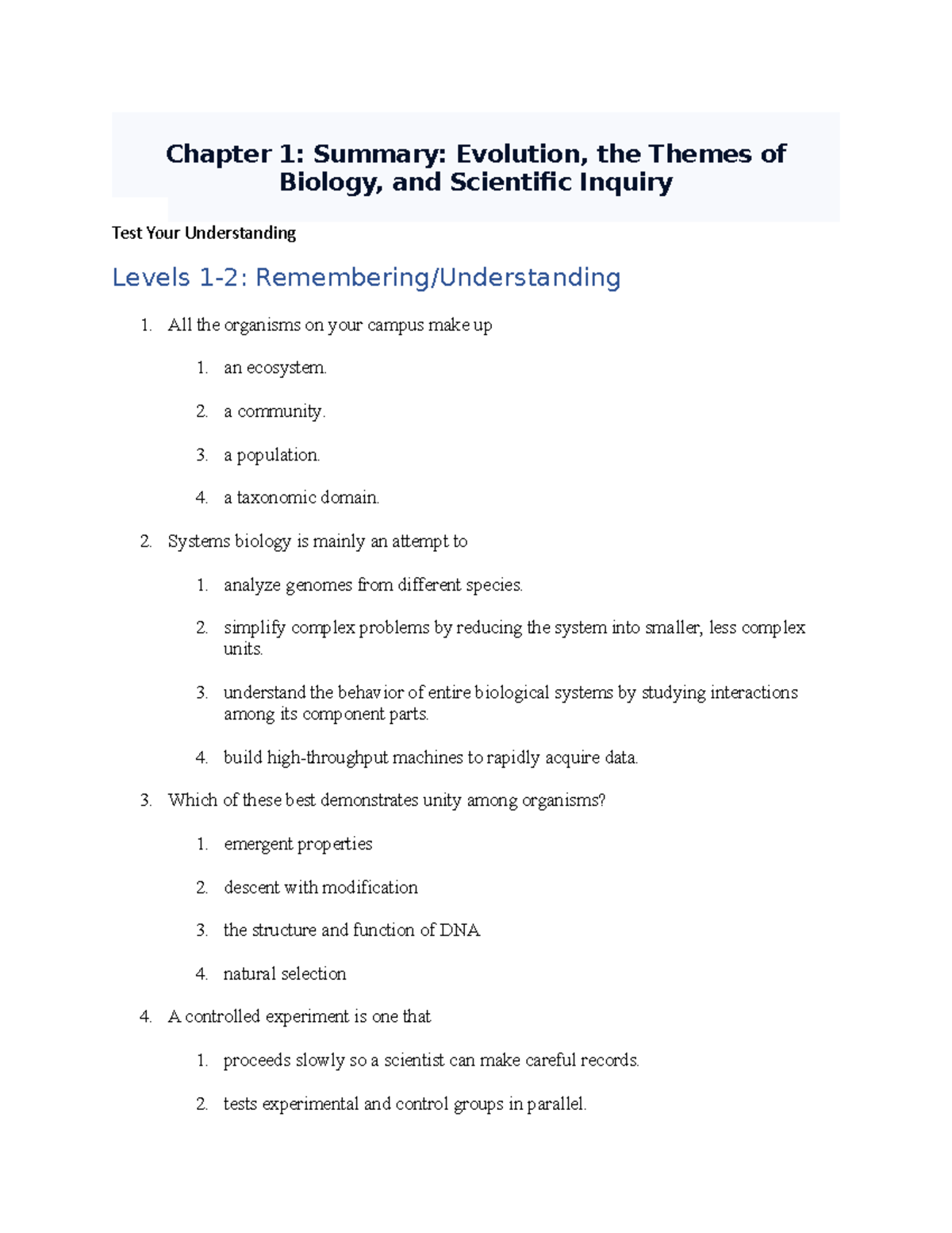 Chapter 1 biol 1201 quiz - Chapter 1: Summary: Evolution, the Themes of ...