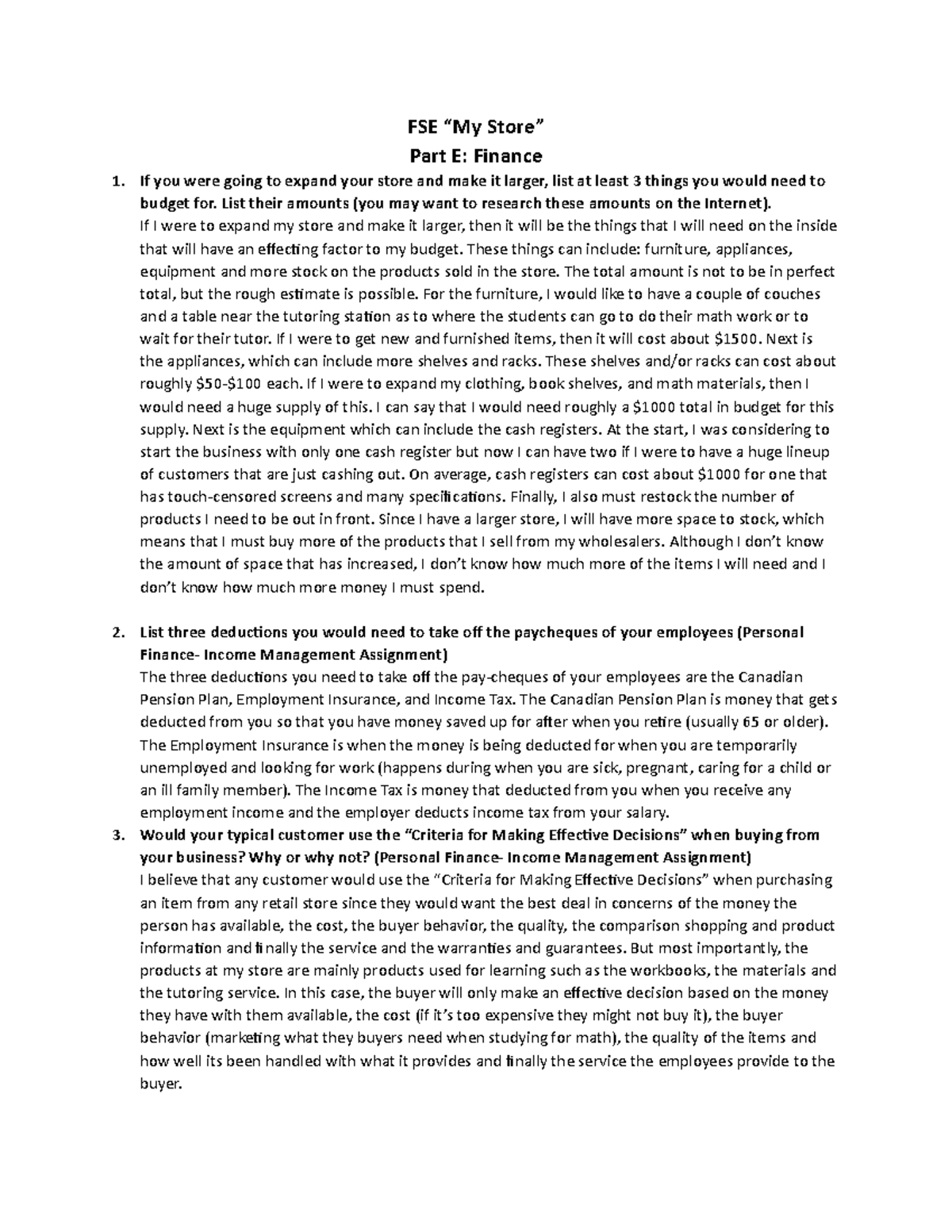 Final Summative Evaluation Part E - FSE “My Store” Part E: Finance If ...