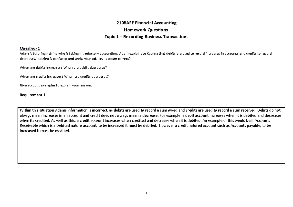 Hw1 - Topic 1 Part 2 - 2108AFE Financial Accounting Homework Questions ...