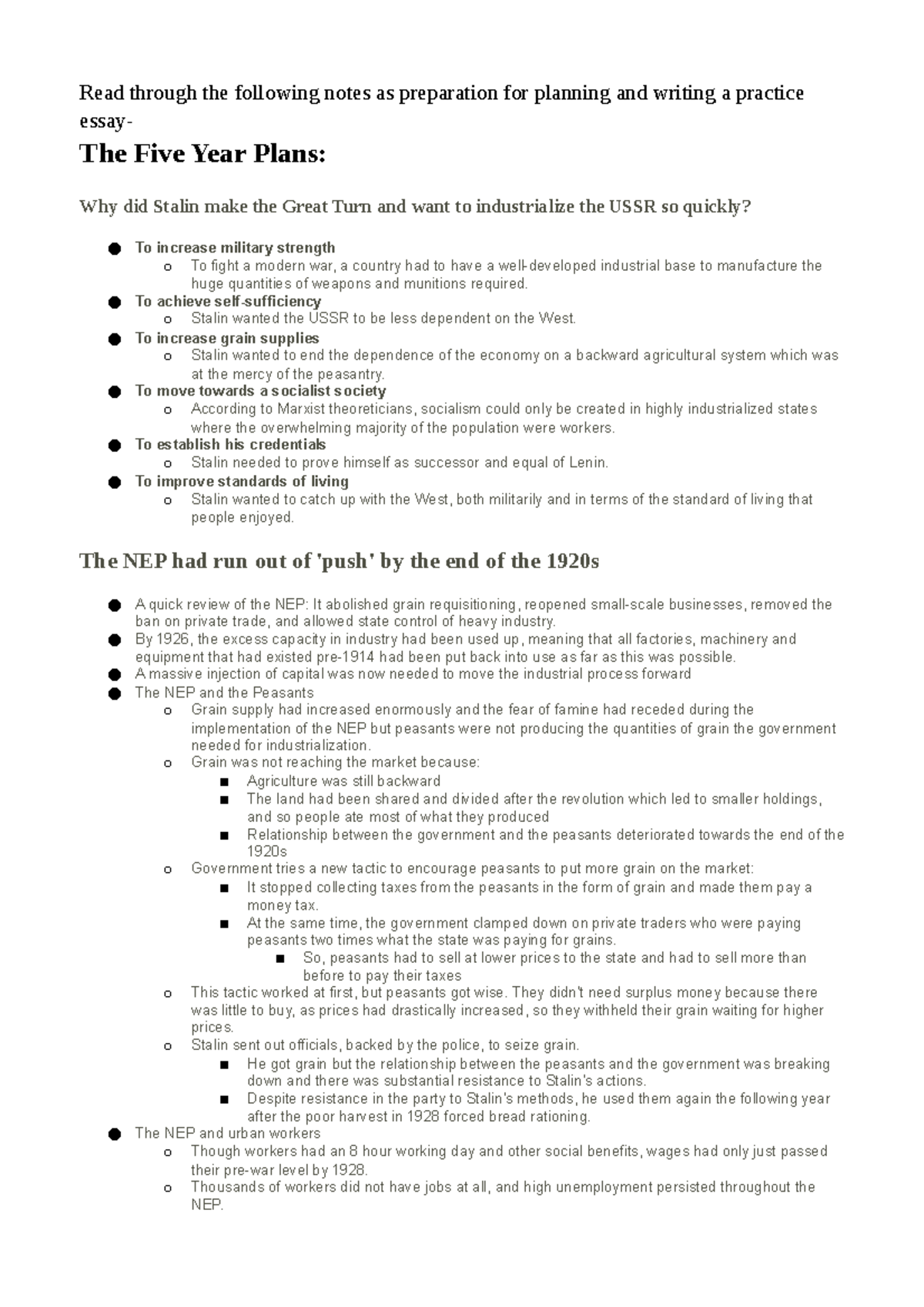 Five year plans summary - Read through the following notes as ...