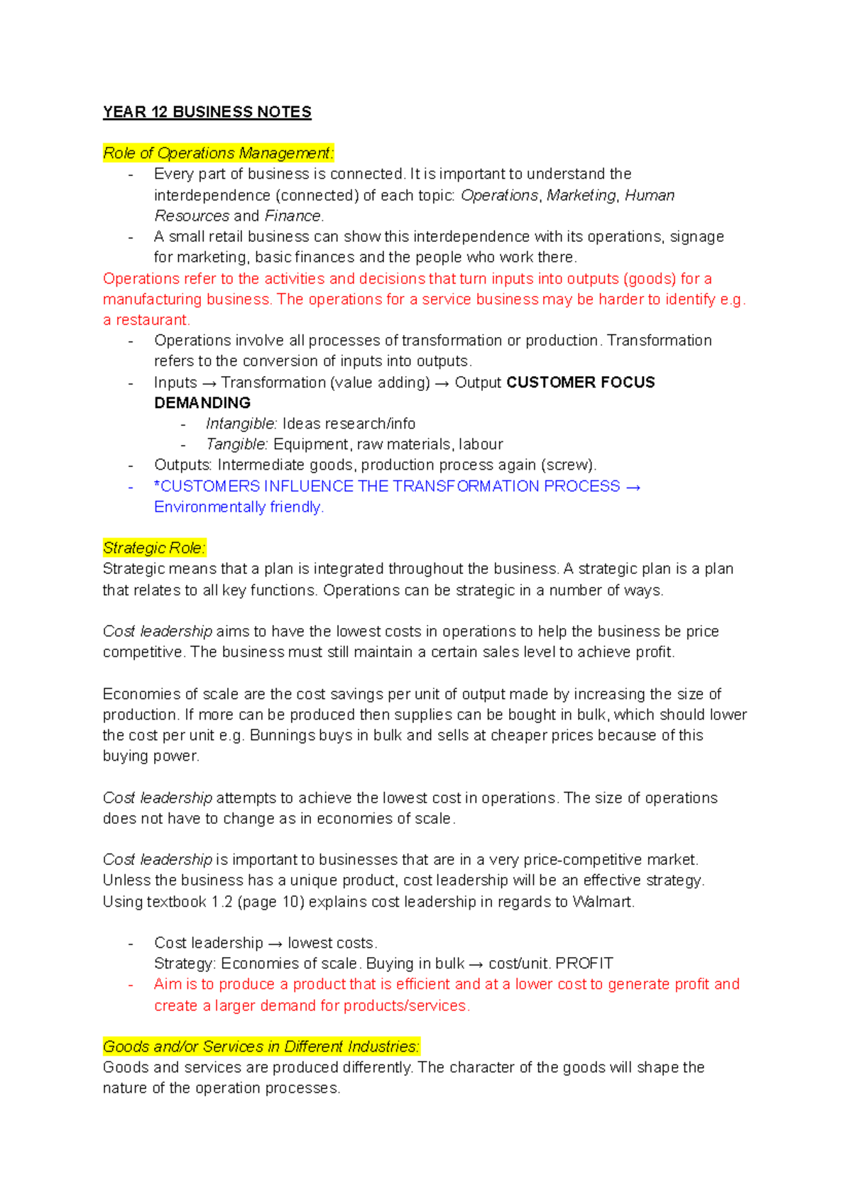 YEAR 12 Business Notes - Operations - YEAR 12 BUSINESS NOTES Role of ...