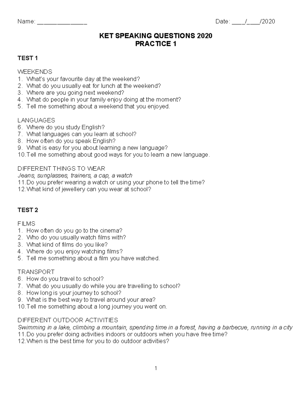 468434055 KET Speaking Questions 2020 Practice 1 Cambridge - Name ...
