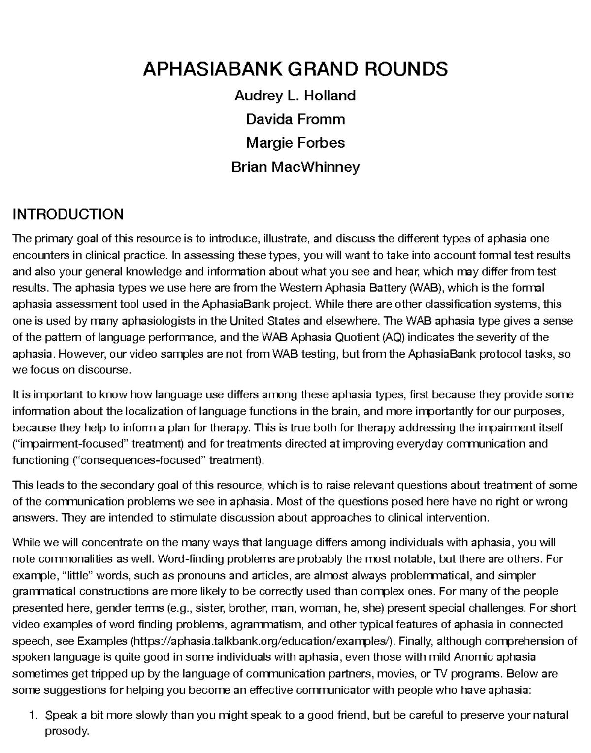 Aphasia Bank Educational Cases - APHASIABANK GRAND ROUNDS Audrey L ...