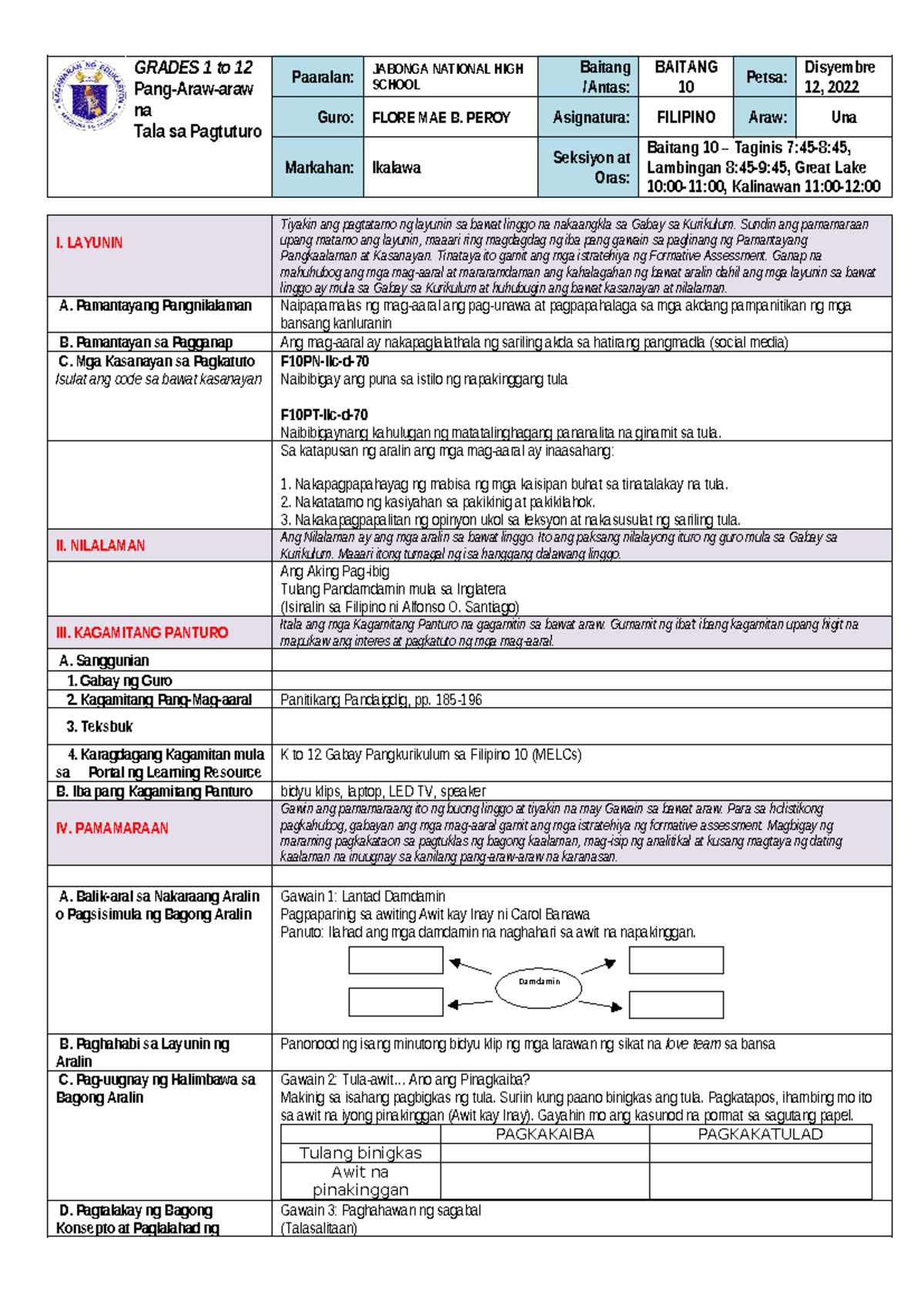 Filipino 10 Tula - GRADES 1 to 12 Pang-Araw-araw na Tala sa Pagtuturo ...