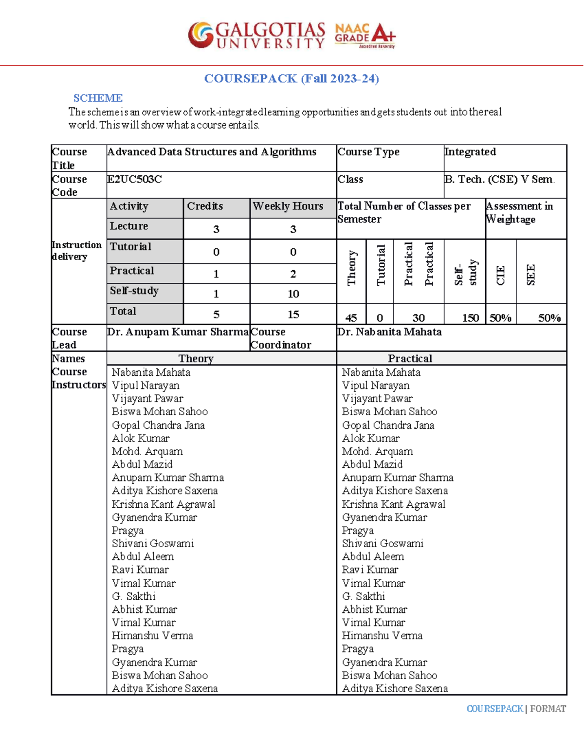 ADSA Coursepack final Oct 24 2023 - COURSEPACK (Fall 2023-24) SCHEME The scheme is an overview ...