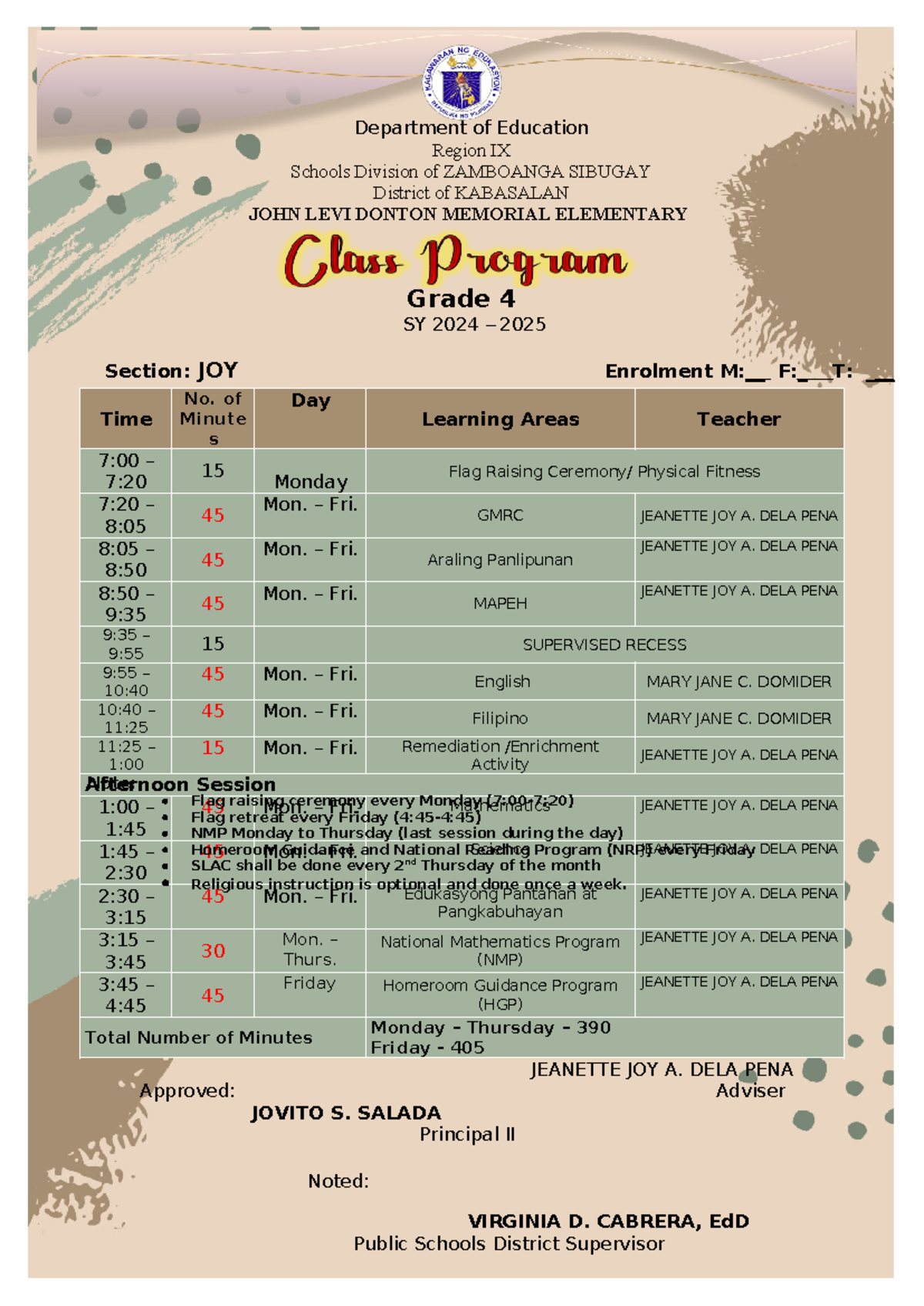 4A-class-program-2024-2025 - Grade 4 SY 2024 – 2025 Section: JOY ...