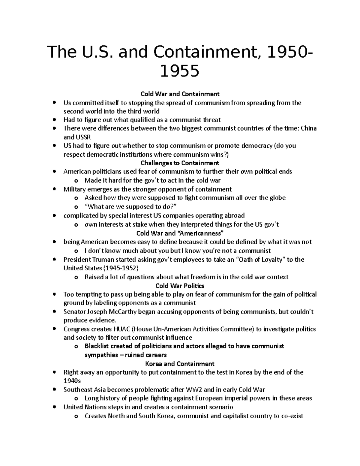 Final exam notes history - The U. and Containment, 19501955 Cold War ...