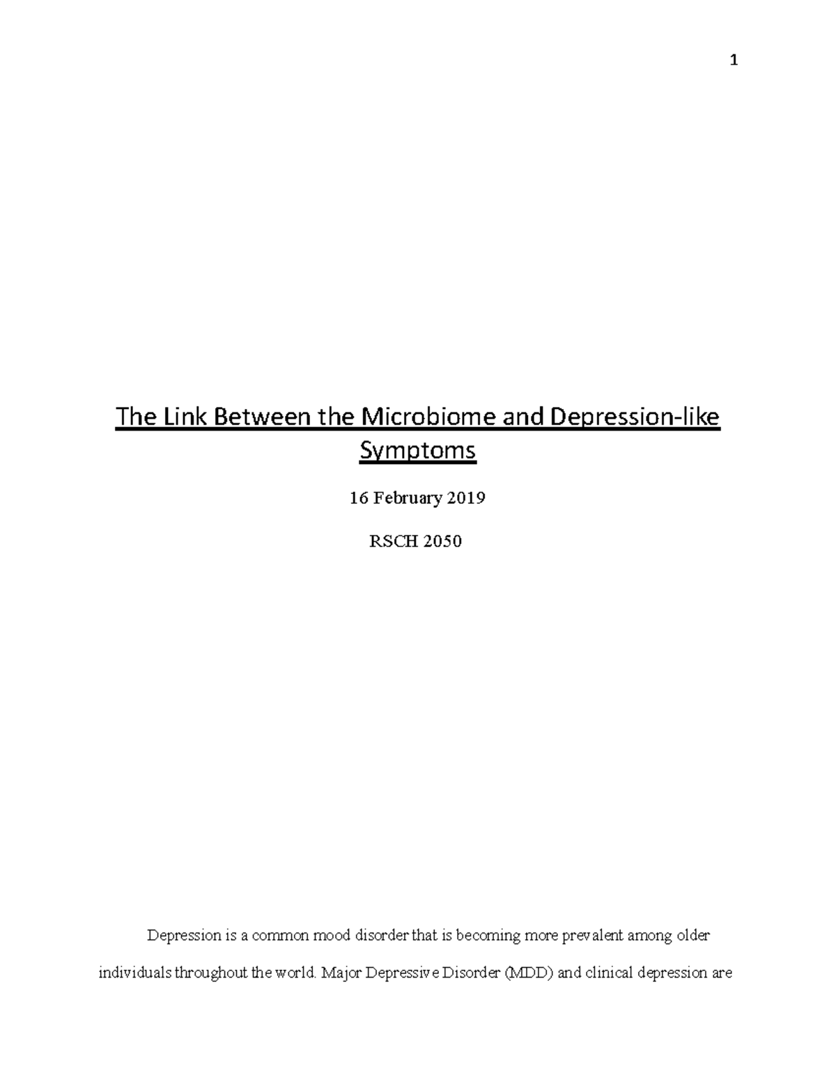 RSCH 2050 Final Reseearch Proposal - The Link Between the Microbiome and Depression-like ...