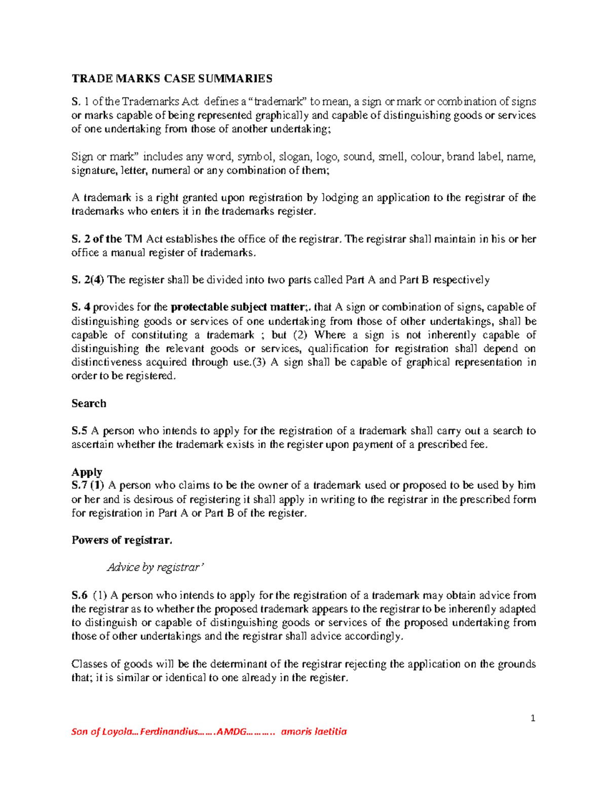 Trade Marks CASE Summaries - 1 TRADE MARKS CASE SUMMARIES S. 1 of the ...