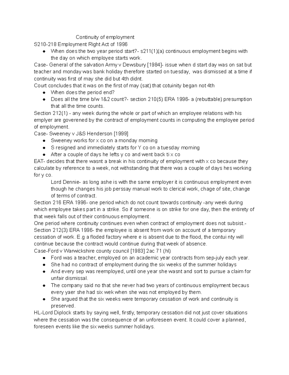 Employment law - terms of contract - Continuity of employment S210-218 ...