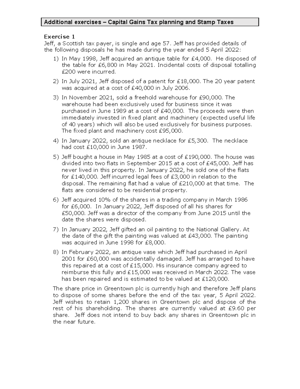 week 4 Additional exercises - Additional exercises – Capital Gains Tax ...