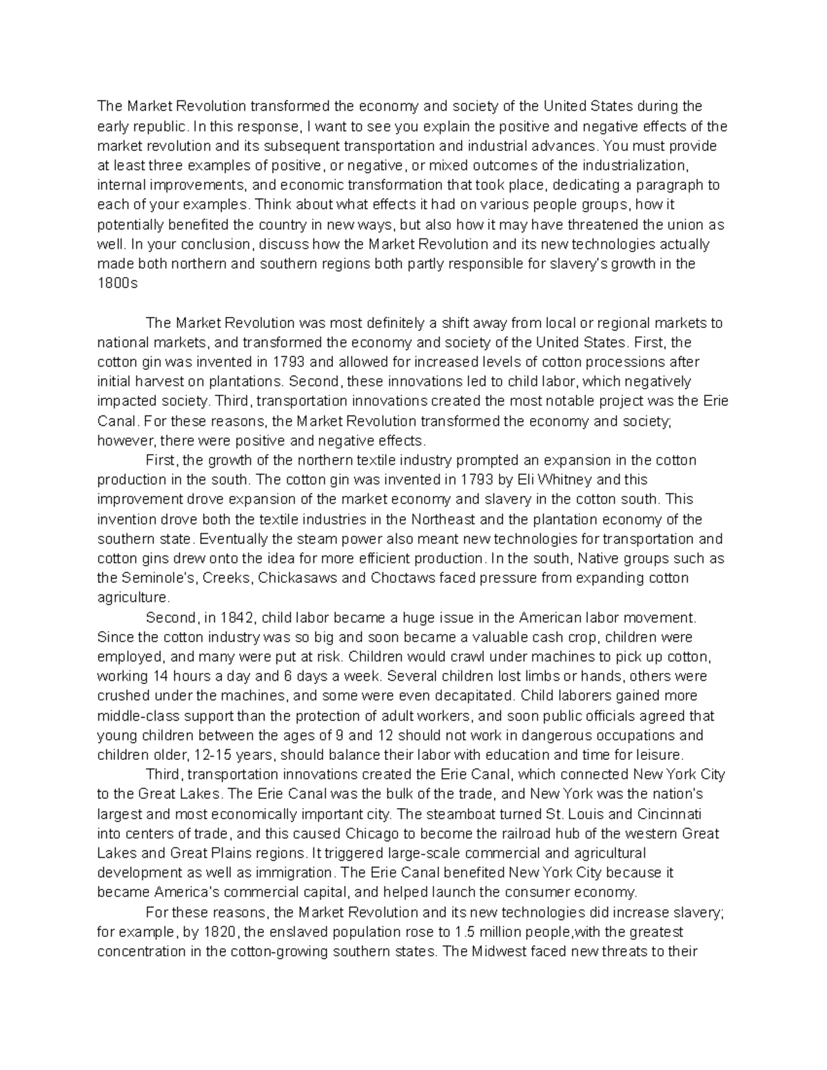 History essay 1 - The Market Revolution transformed the economy and ...