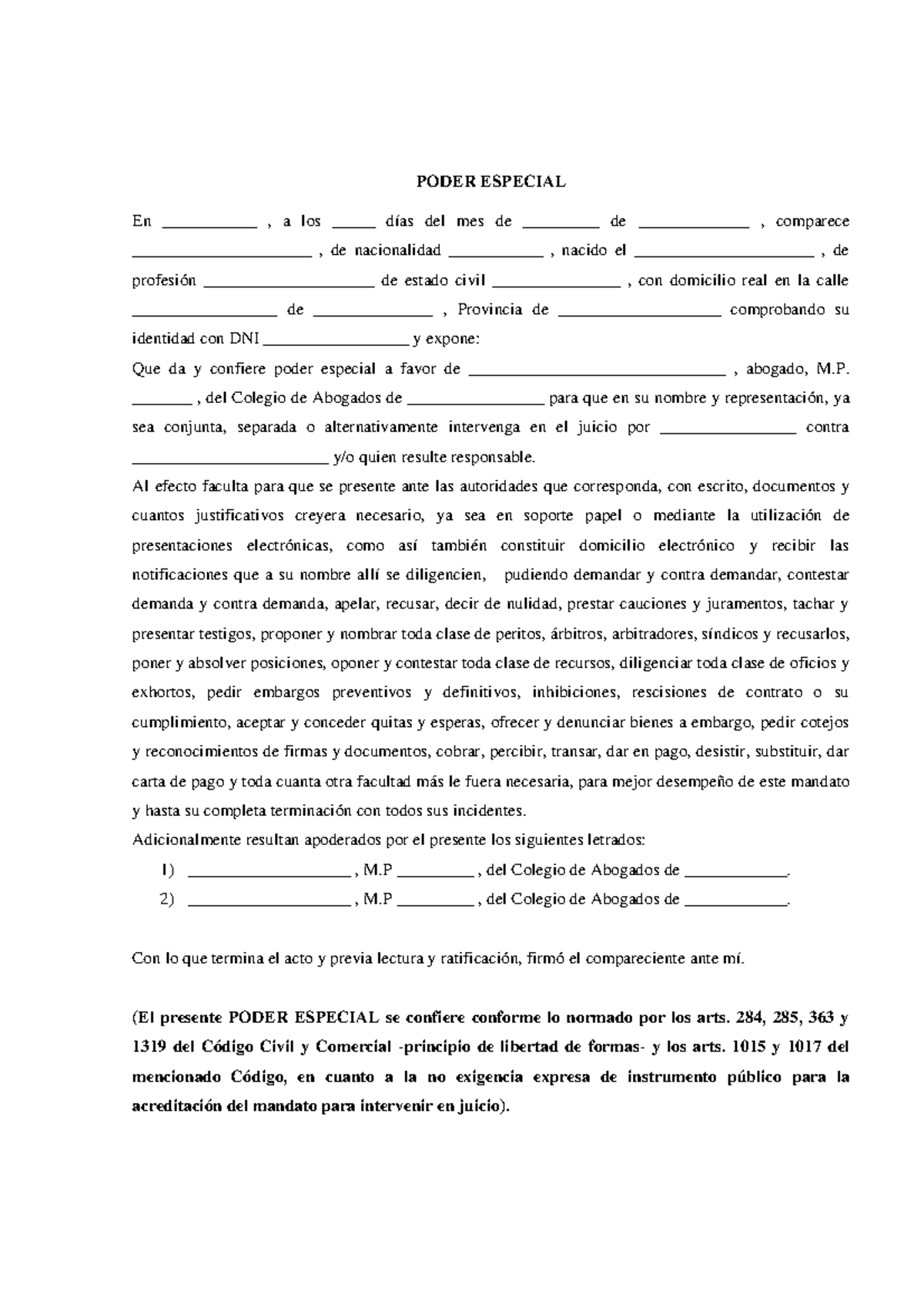 Modelo de Poder especial - PODER ESPECIAL En ___________ , a los ...