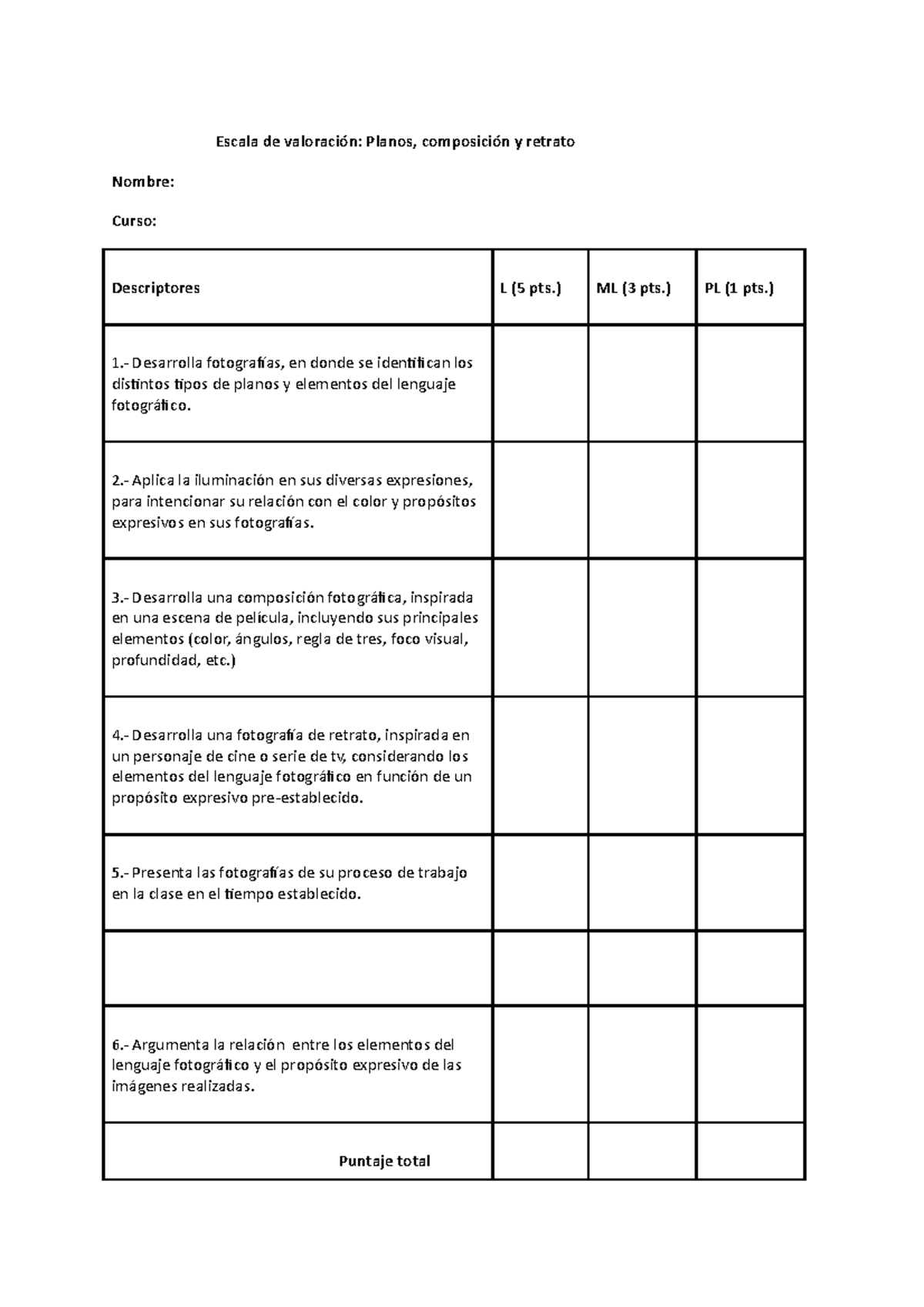 Escala de valoración Planos, composición y retrato - Escala de ...