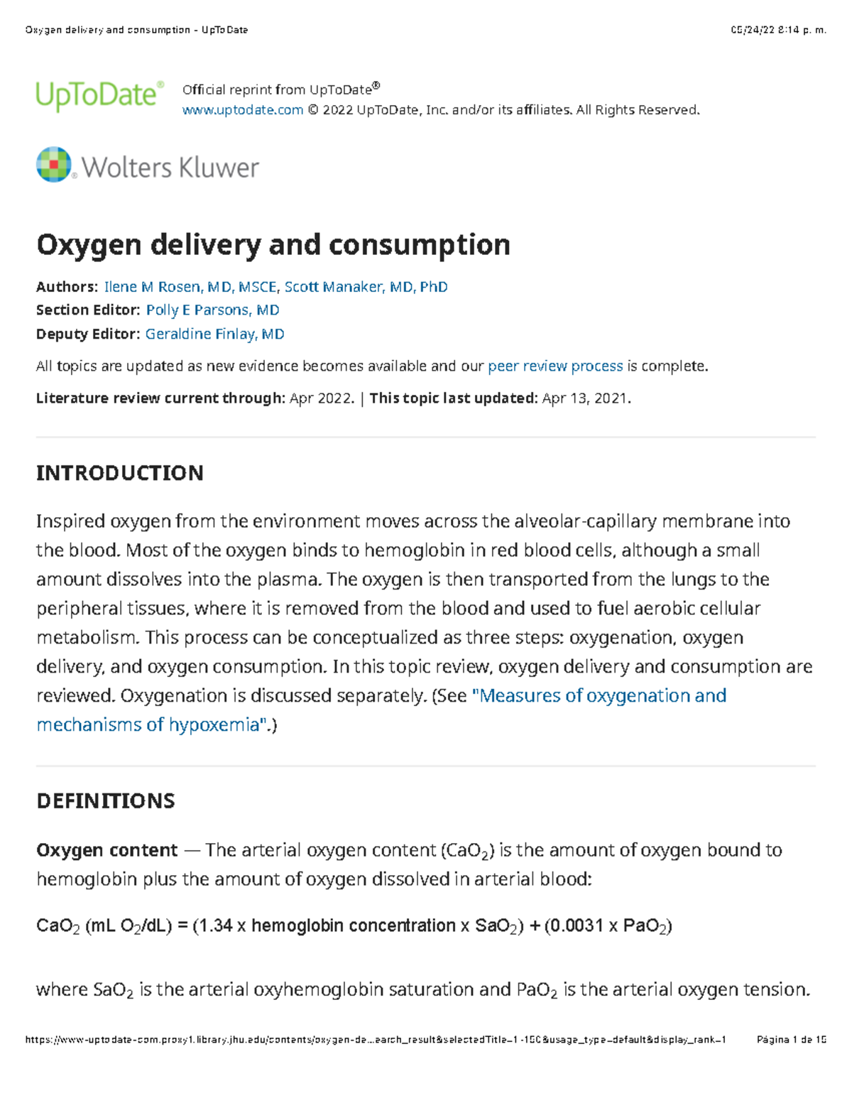 Oxygen delivery and consumption - Up To Date - - Studocu
