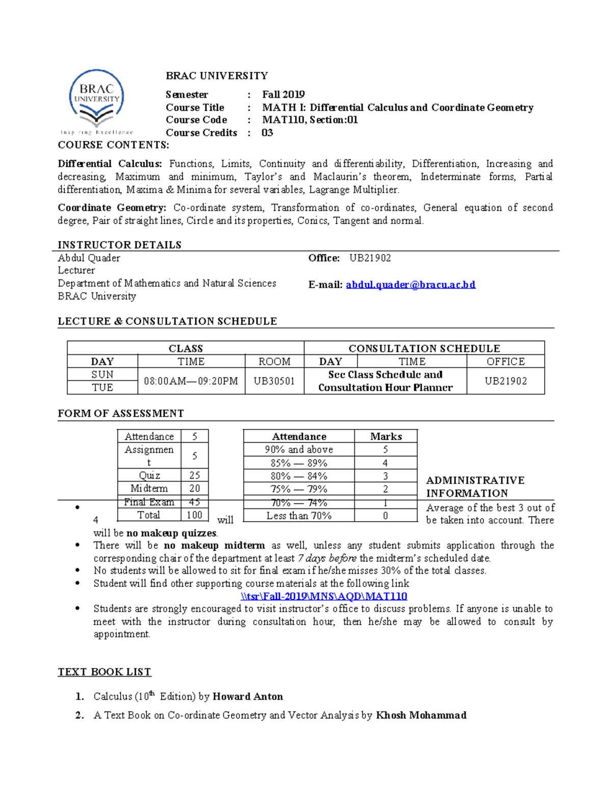 Course Outline MAT 110 01 - COURSE CONTENTS: Differential Calculus ...