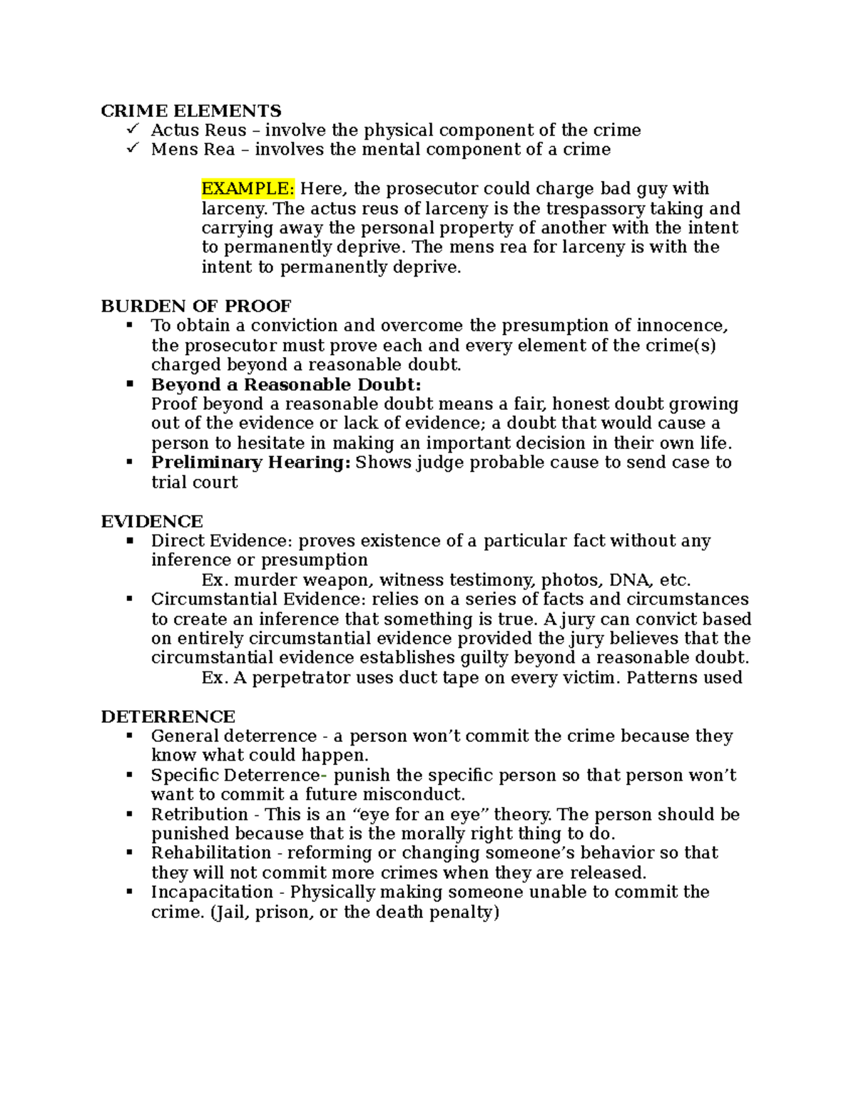 CRIM LAW Outline - brietfield - CRIME ELEMENTS Actus Reus – involve the ...