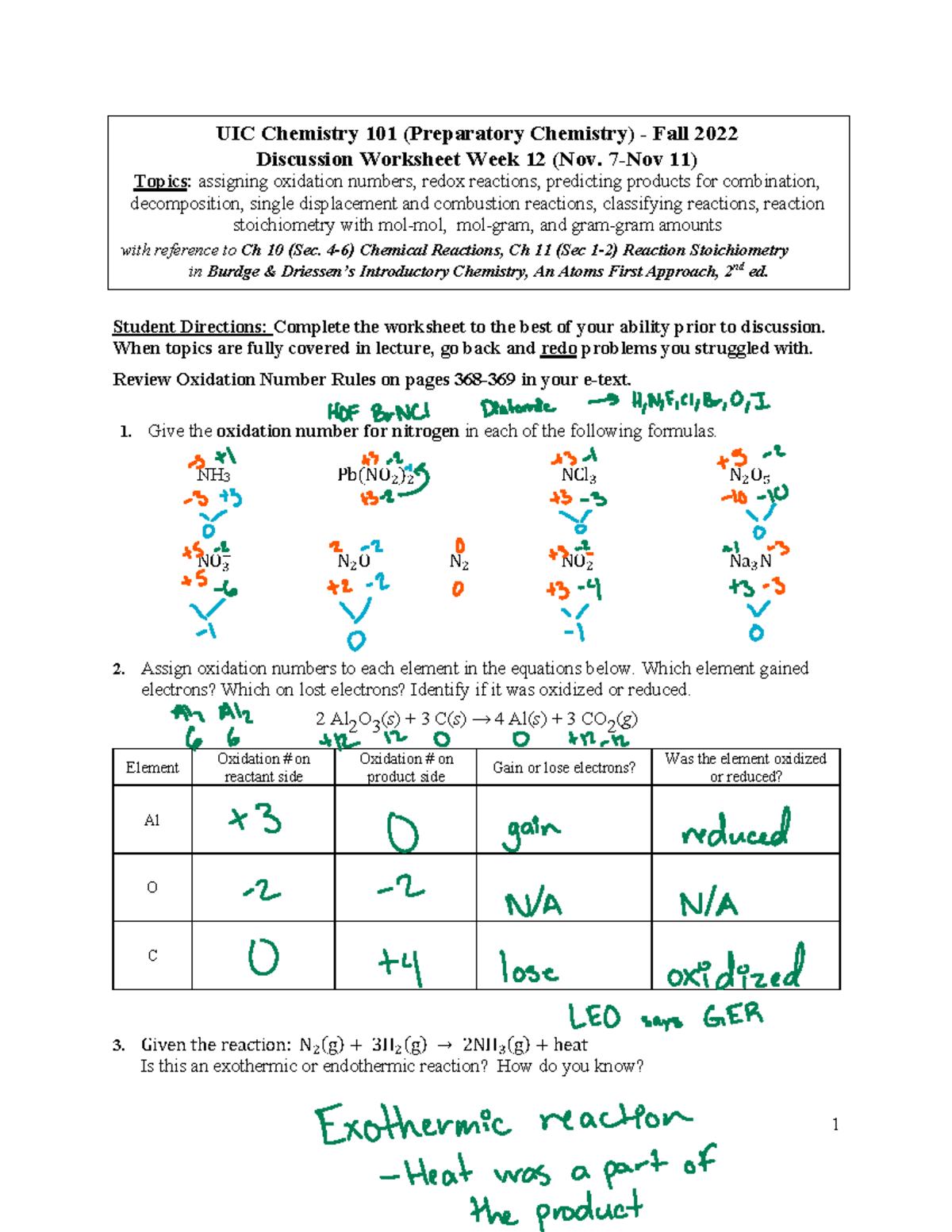 Chem101 Dis Wk 12 - Chemistry 101 discussion worksheets - 1 Student ...