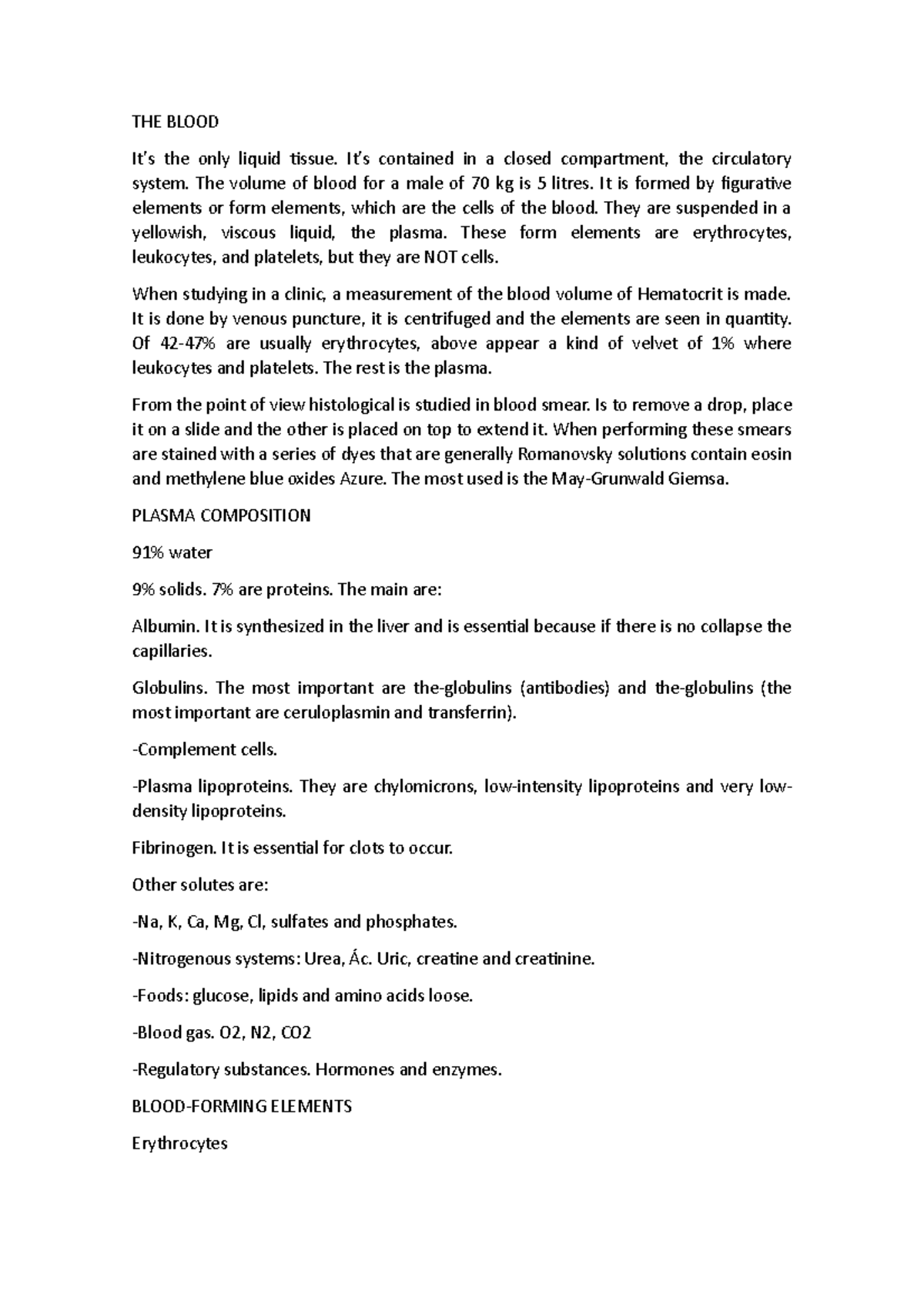 THE Blood - Lecture notes 1 - THE BLOOD the only liquid tissue ...