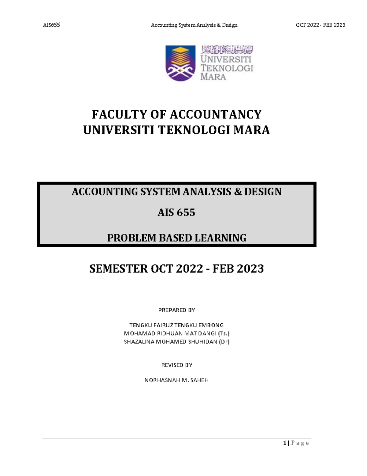 PBL Question 2022 2023 - FACULTY OF ACCOUNTANCY UNIVERSITI TEKNOLOGI MARA ACCOUNTING SYSTEM ...