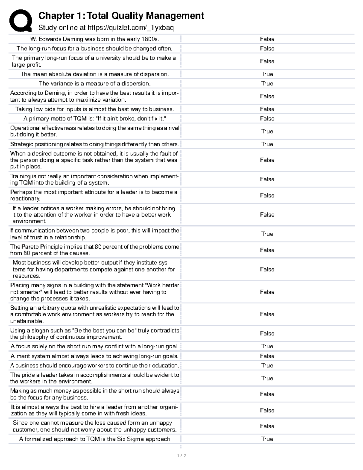 Tqm ch1 quizlet - Reviewer - Chapter 1: Total Quality Management Study online at quizlet/_1yxbaq ...