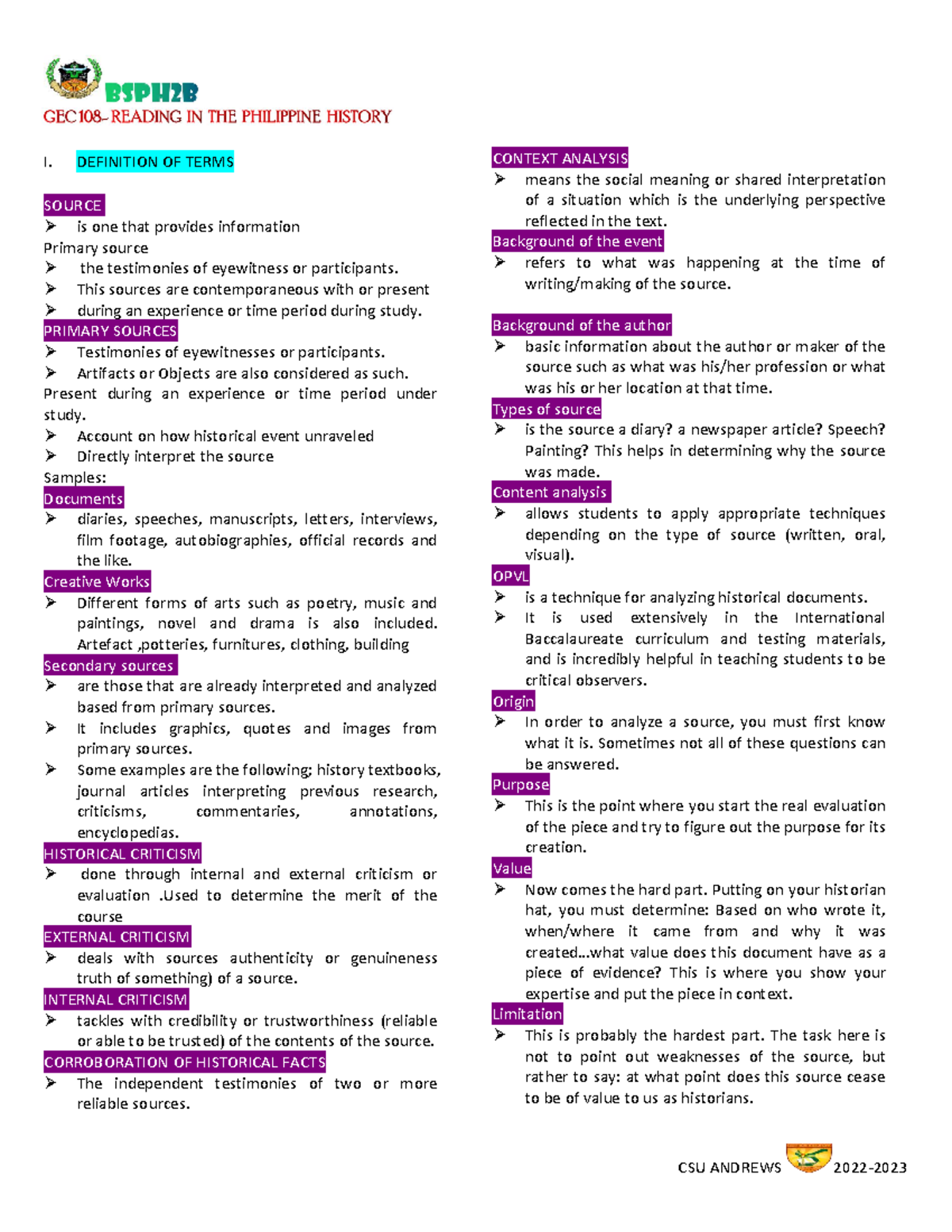 GEC 108- RPH Reviewer - Rph trans - CSU ANDREWS 2022- I. DEFINITION OF ...