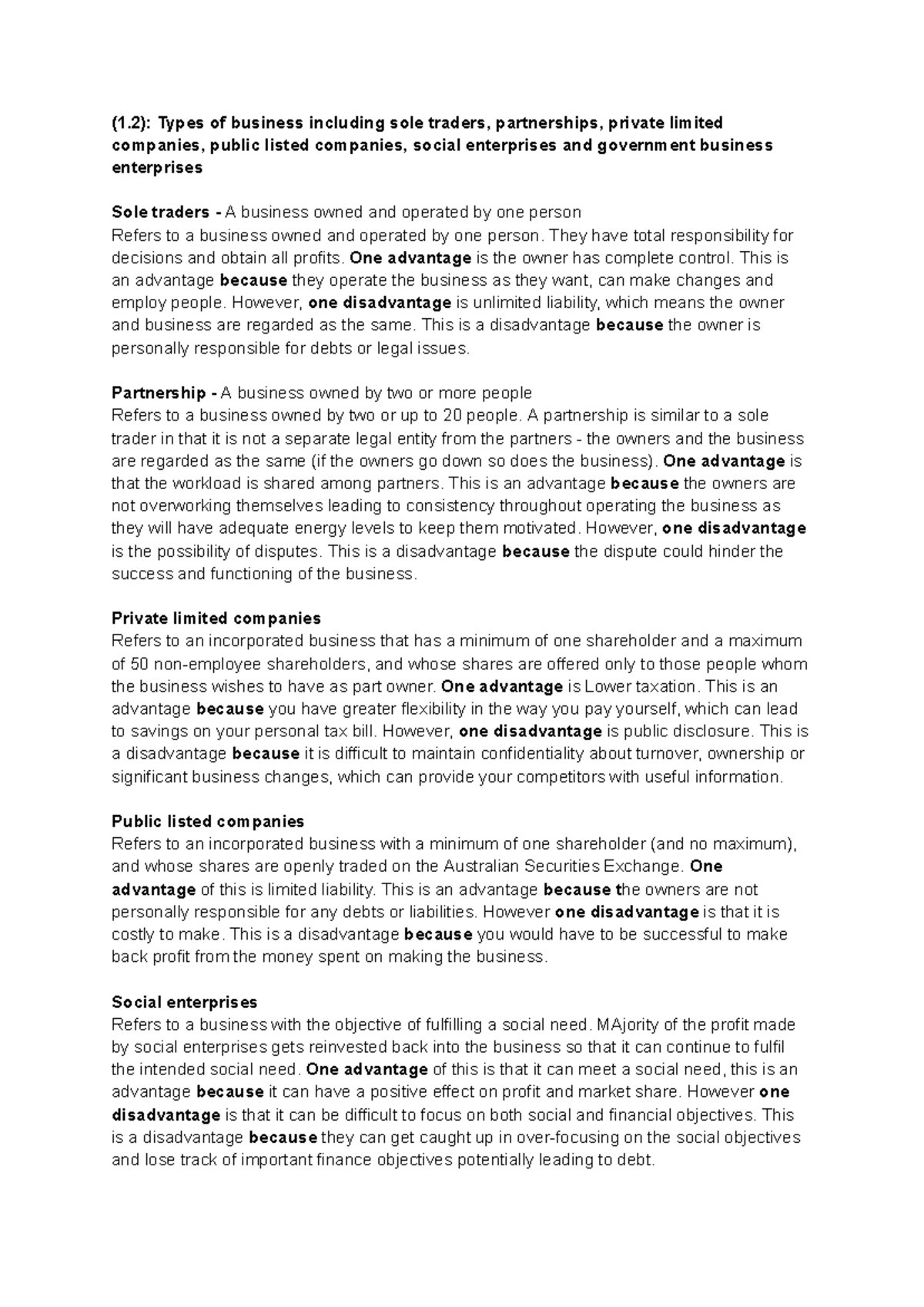 Business 3&4 1.2 notes - (1): Types of business including sole traders ...