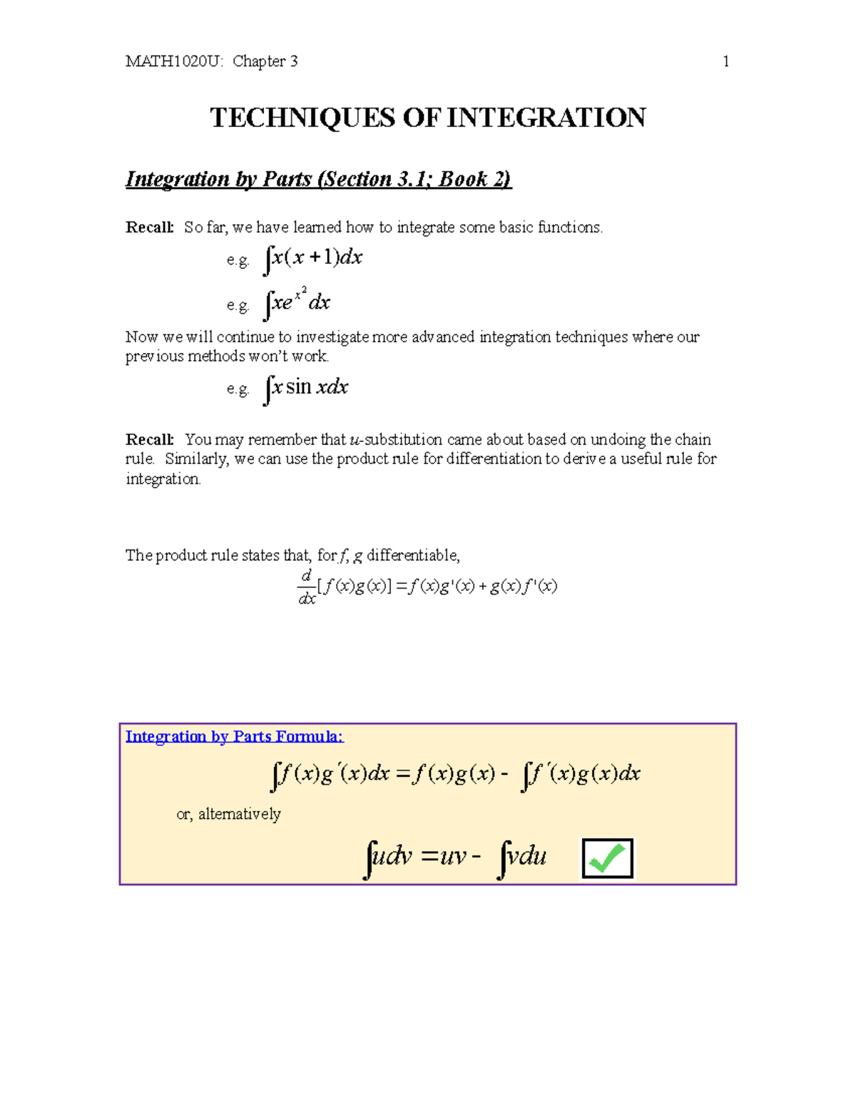 Mod1a intparts - Lecture notes 1 - TECHNIQUES OF INTEGRATION ...