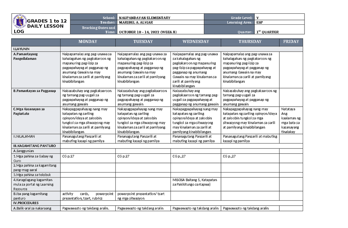DLL ESP 5 Q1 W8 - n/a - GRADES 1 to 12 DAILY LESSON LOG School ...