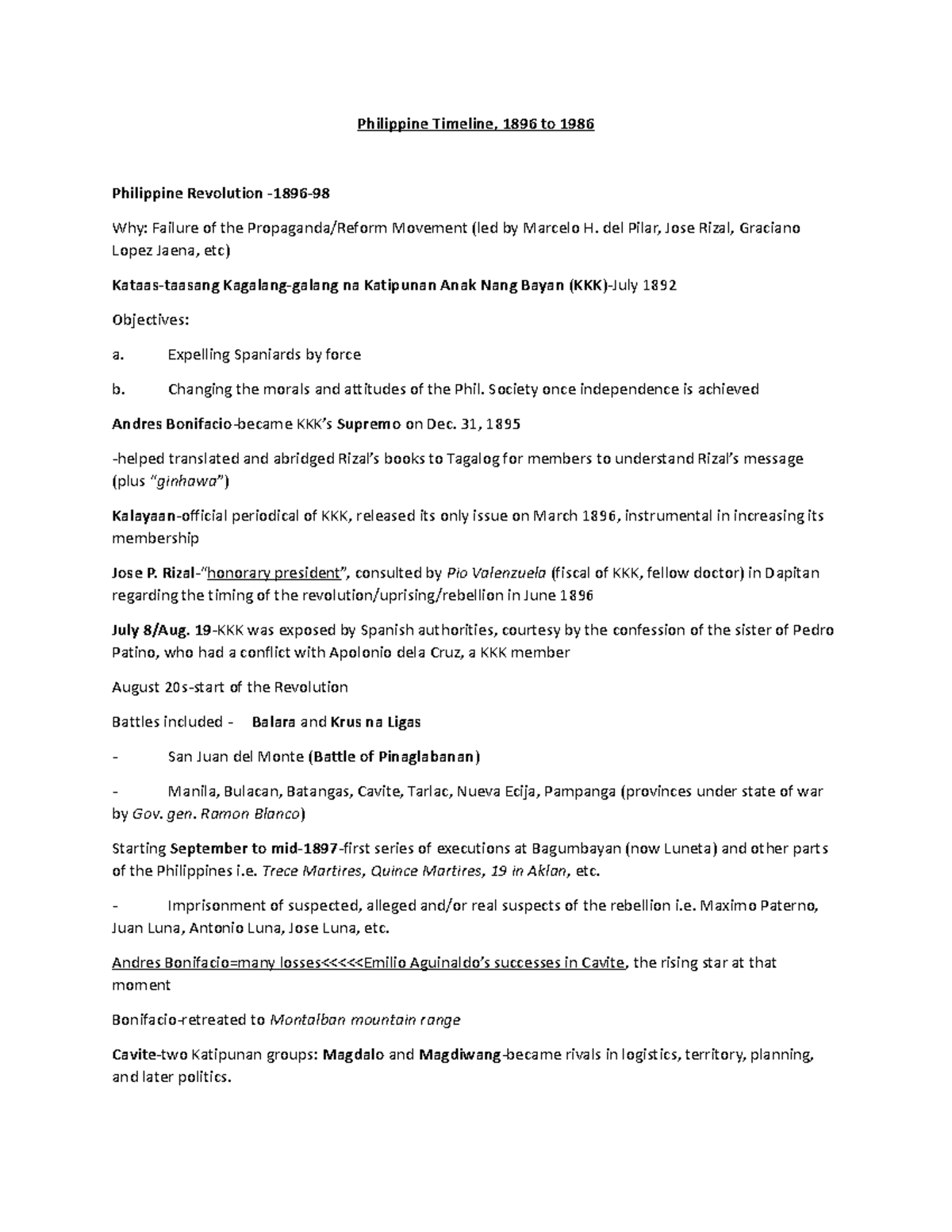 1896 and beyond - assignemnt - Philippine Timeline, 1896 to 1986 ...