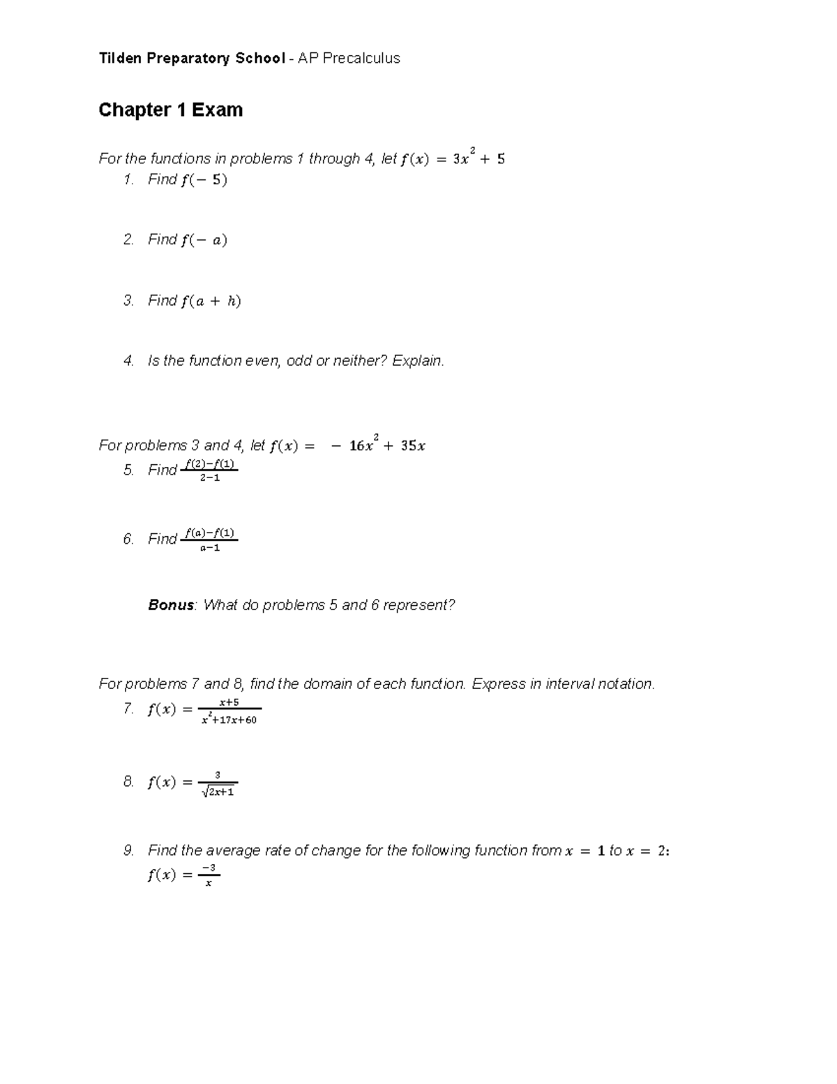 Ap Precalculus Chapter 1 Test Docx Tilden Preparatory School Ap