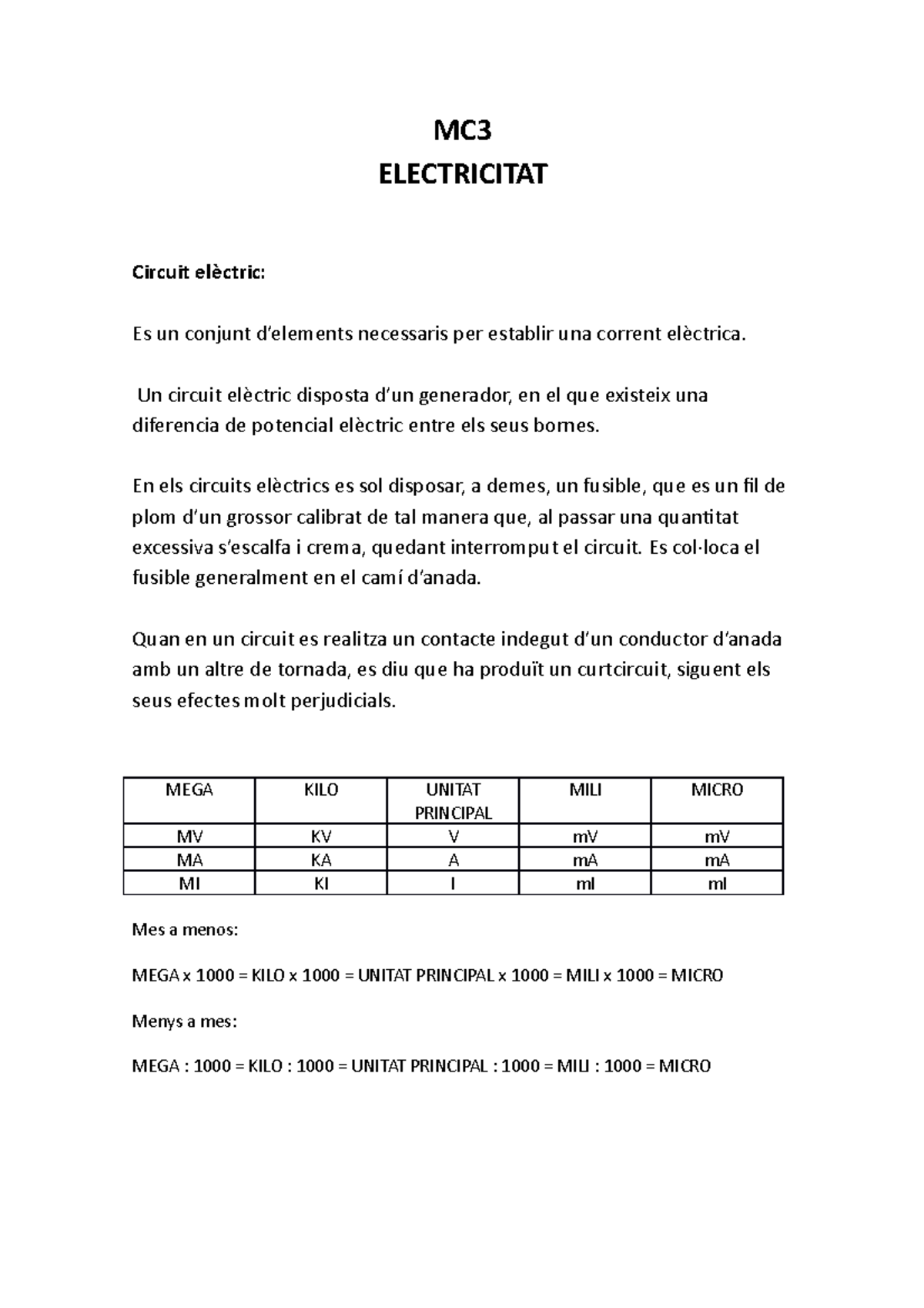 MC3 Electricitat Apunts - MC ELECTRICITAT Circuit elèctric: Es un ...