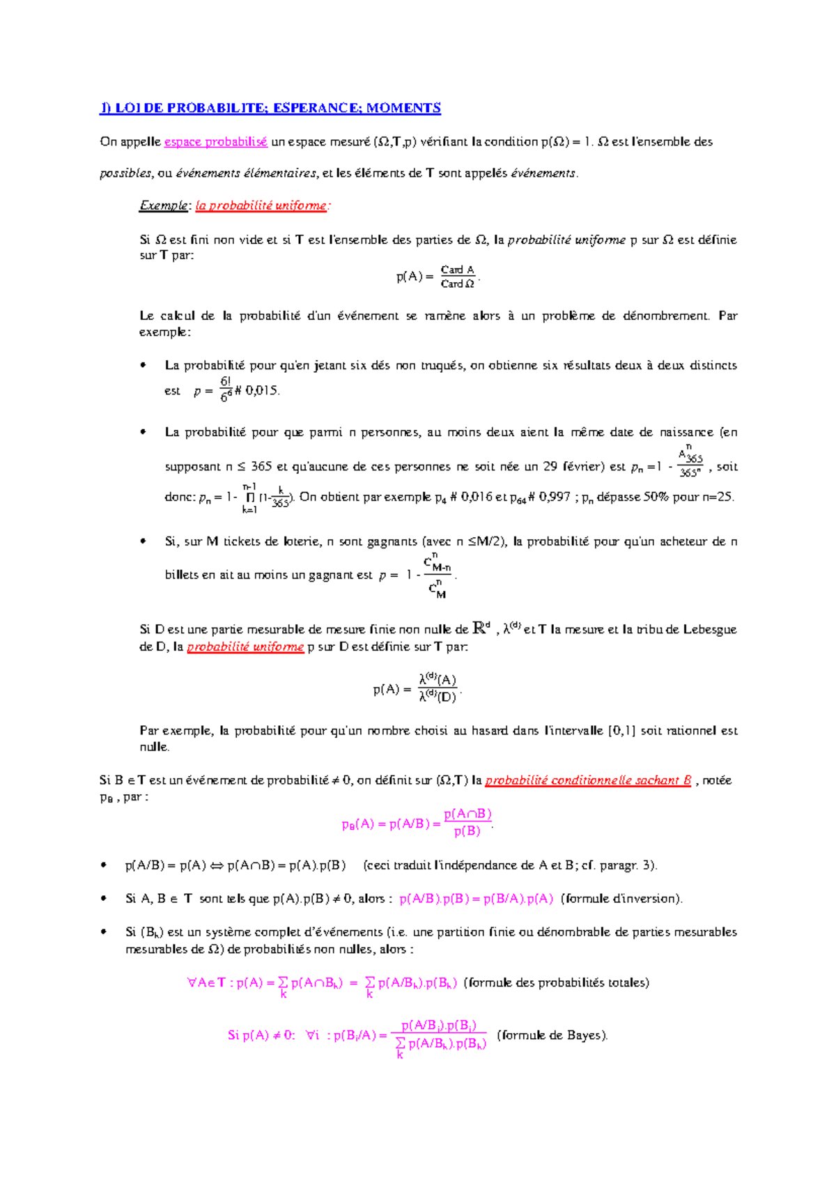 Agrégation : Probabilités (Cours) - 1) LOI DE PROBABILITE; ESPERANCE ...