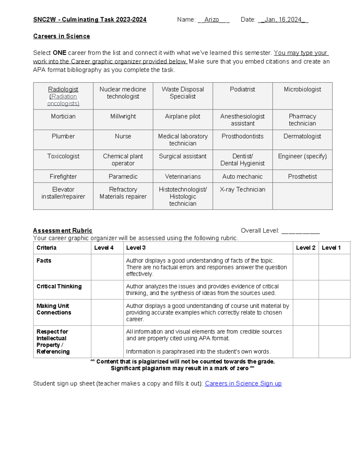 Copy of SNC2W Culminating - Pt.1 Careers in Science 2024 - SNC2W ...