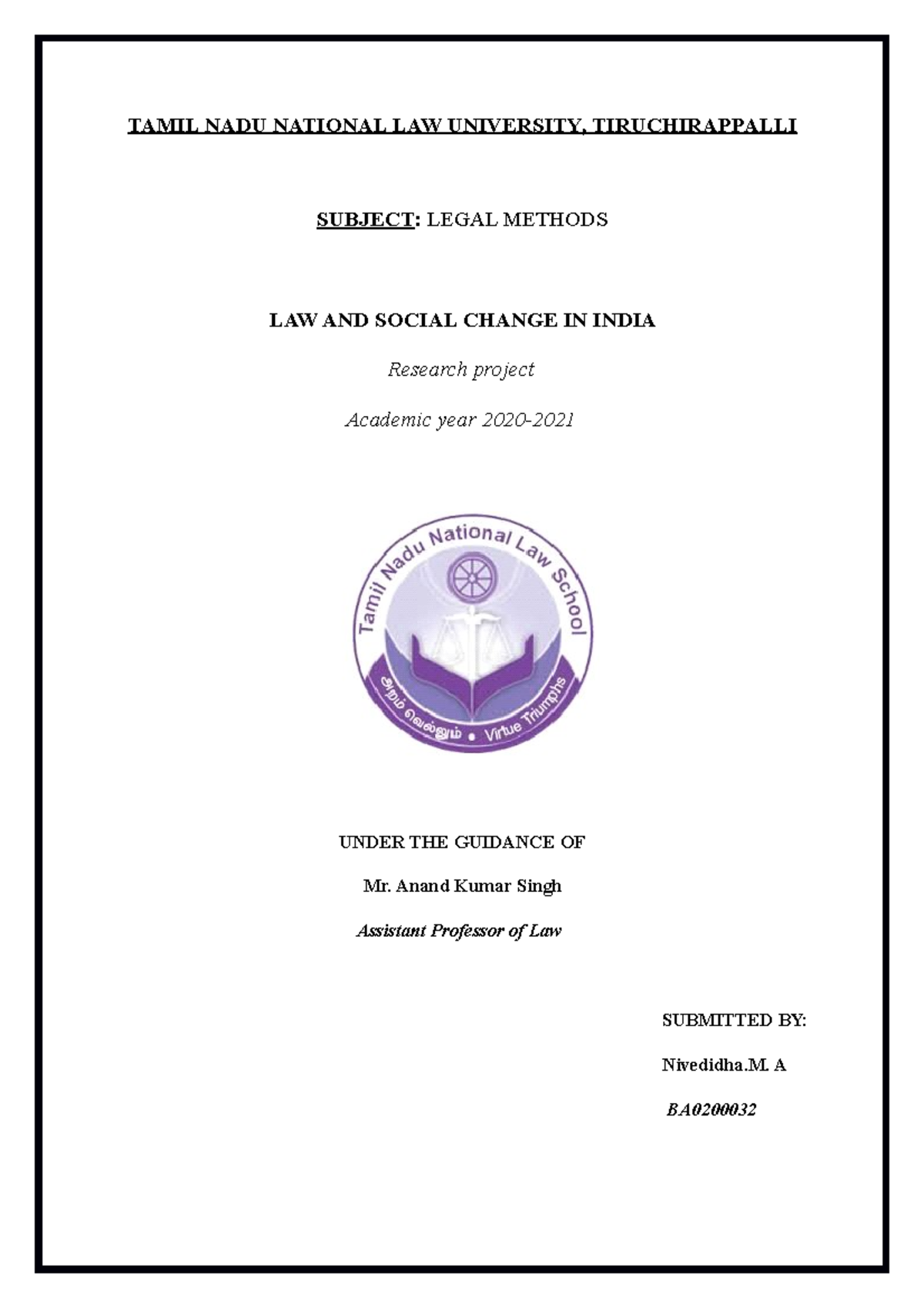 Legal methods project - TAMIL NADU NATIONAL LAW UNIVERSITY ...