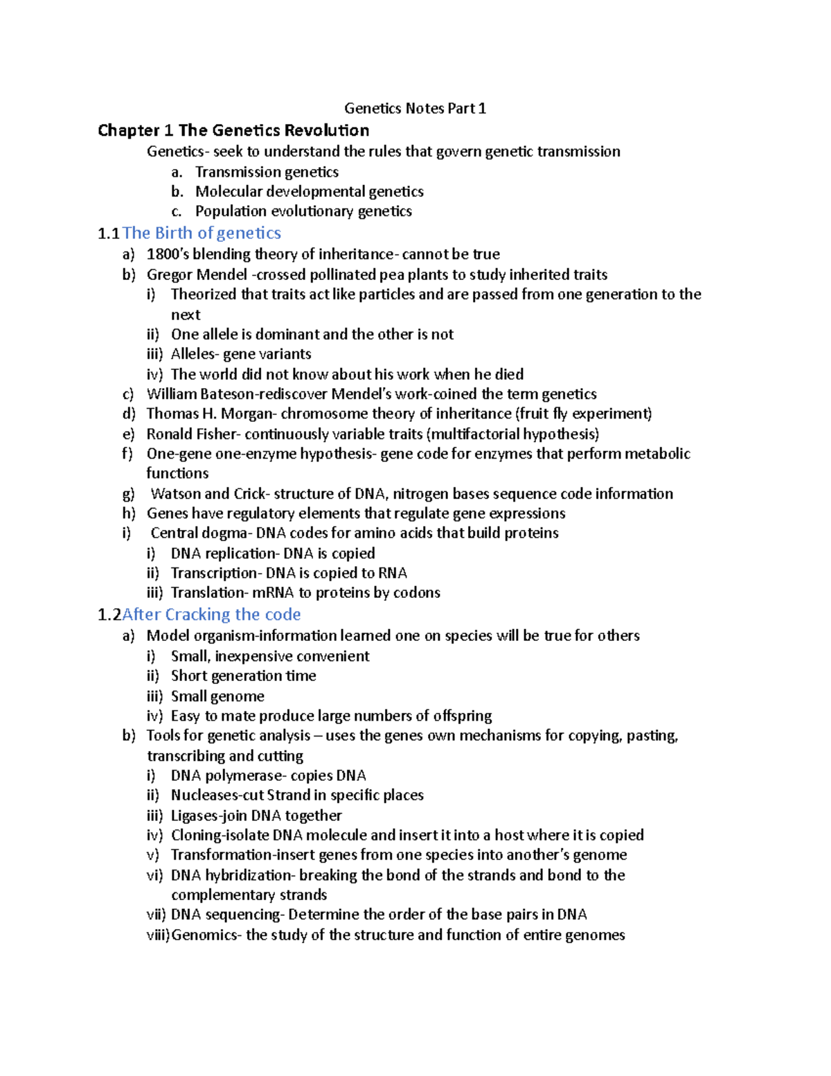 Genetics Notes Part 1 Chapter 1 - Studocu