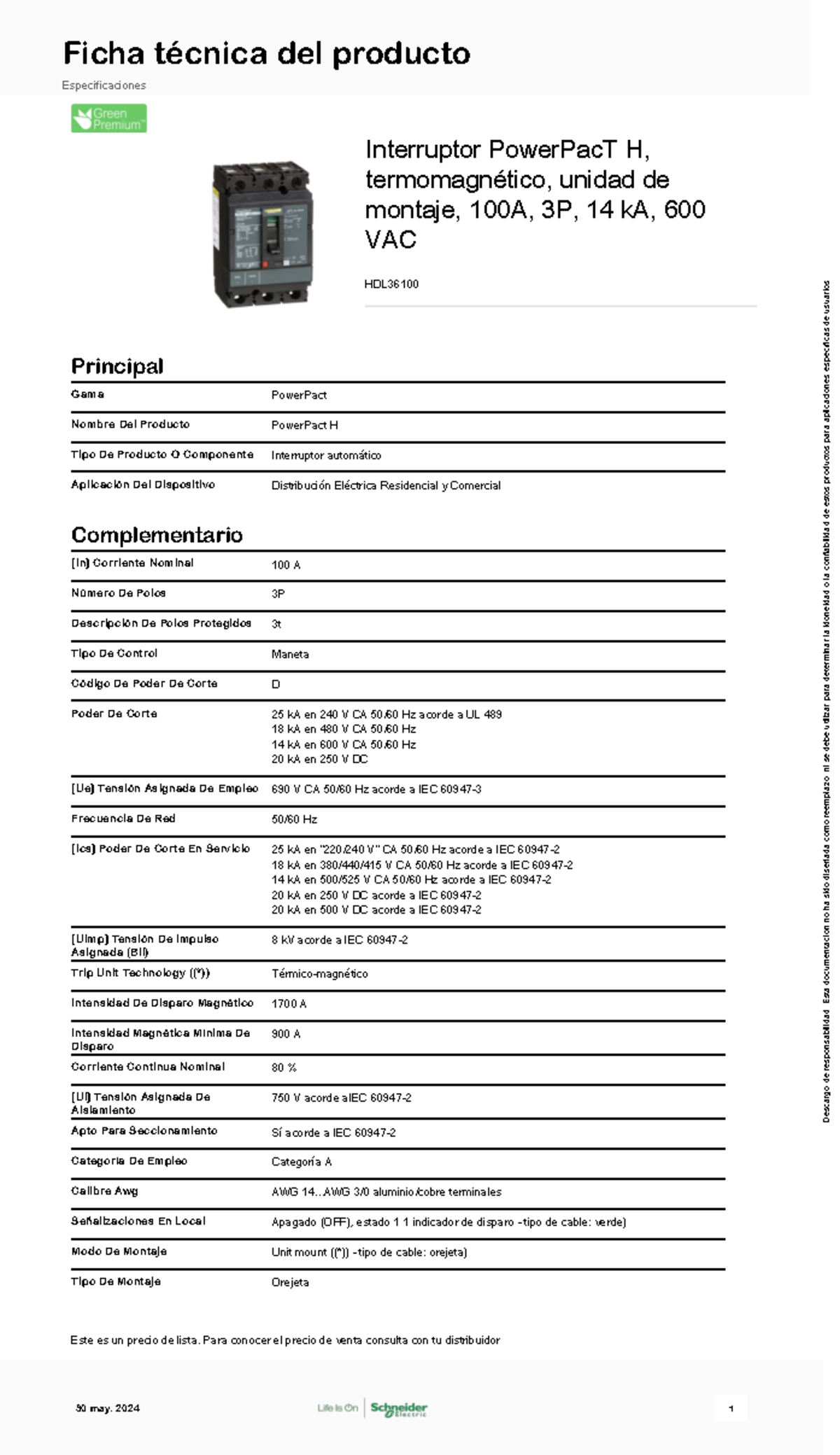 Schneider Electric Interruptores-de-caja-moldeada-Power Pact-Marco-H HDL36100 - Interruptor ...